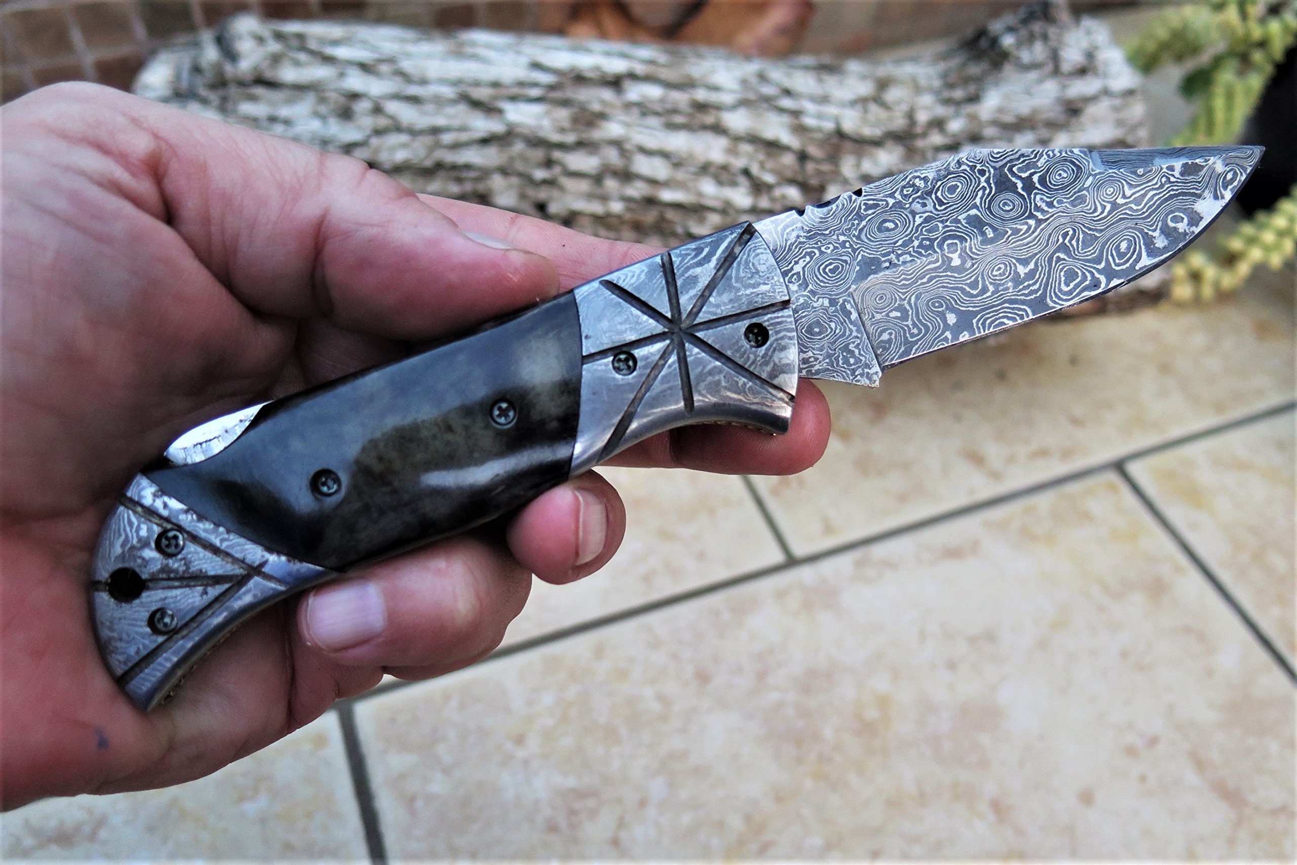 (3 7/18) Sale DKC-727 Midnight Cowboy Damascus Steel Black Bone Folding Pocket Hunting Knife 4.5' Folded 8" Open 3.25" Blade