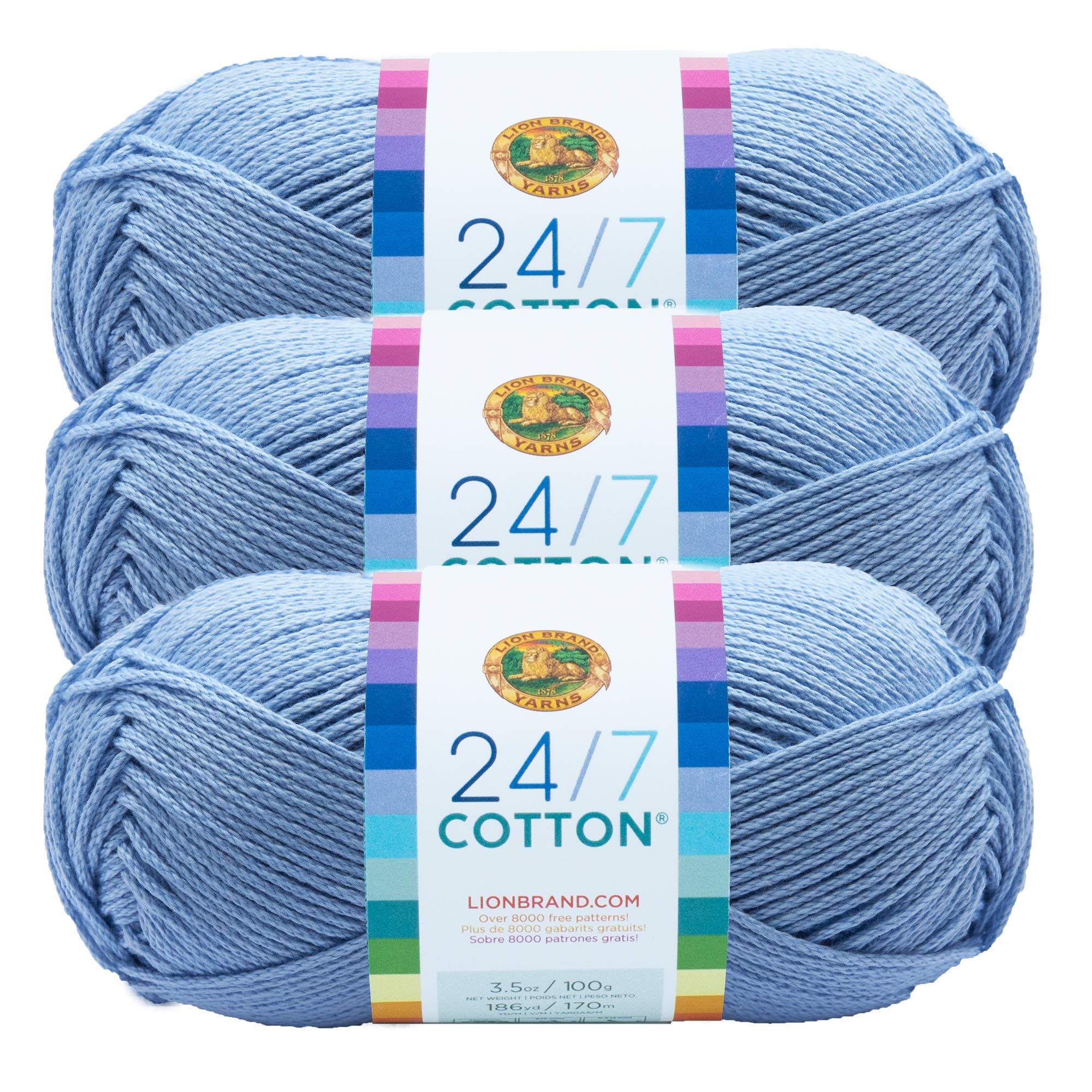 (3 Pack) Lion Brand Yarn 761-107 24/7 Cotton Yarn, Sky