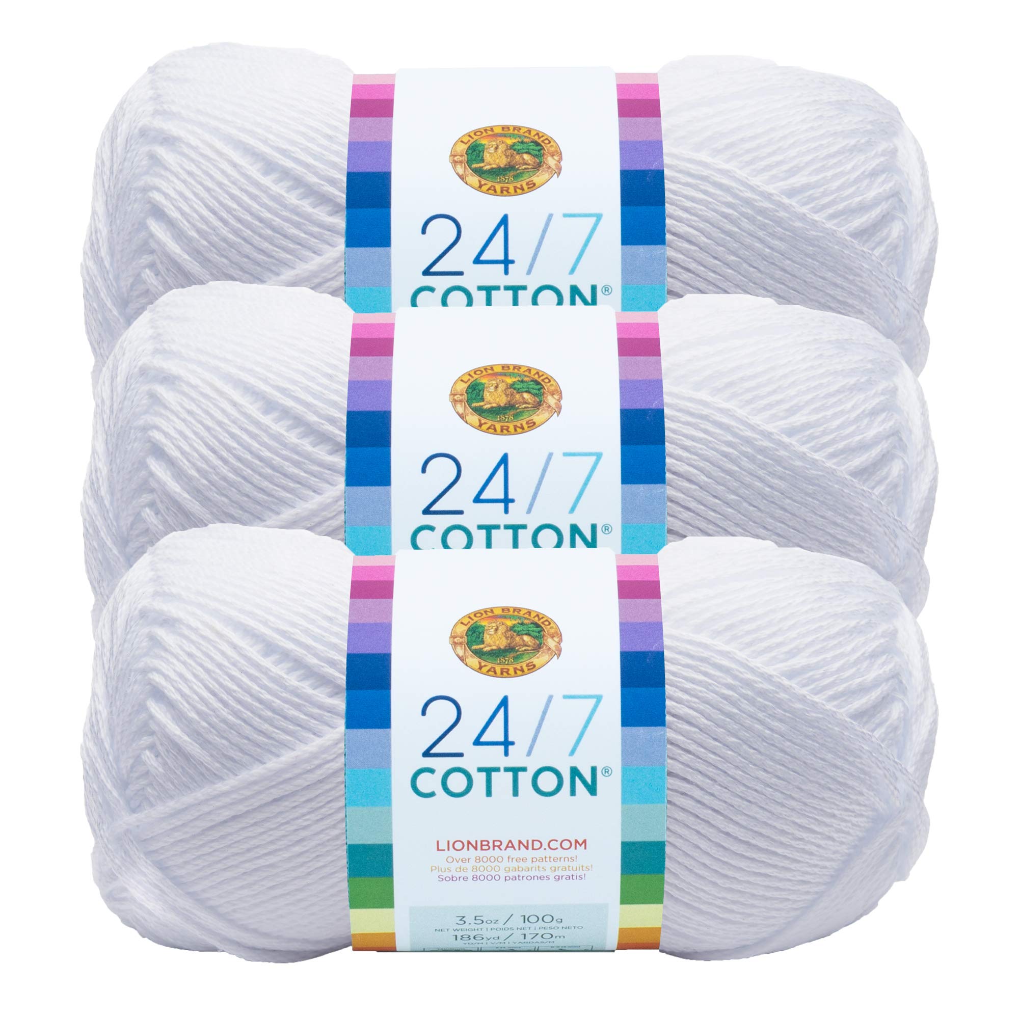(3 Pack) Lion Brand Yarn 761-100 24/7 Cotton Yarn, White