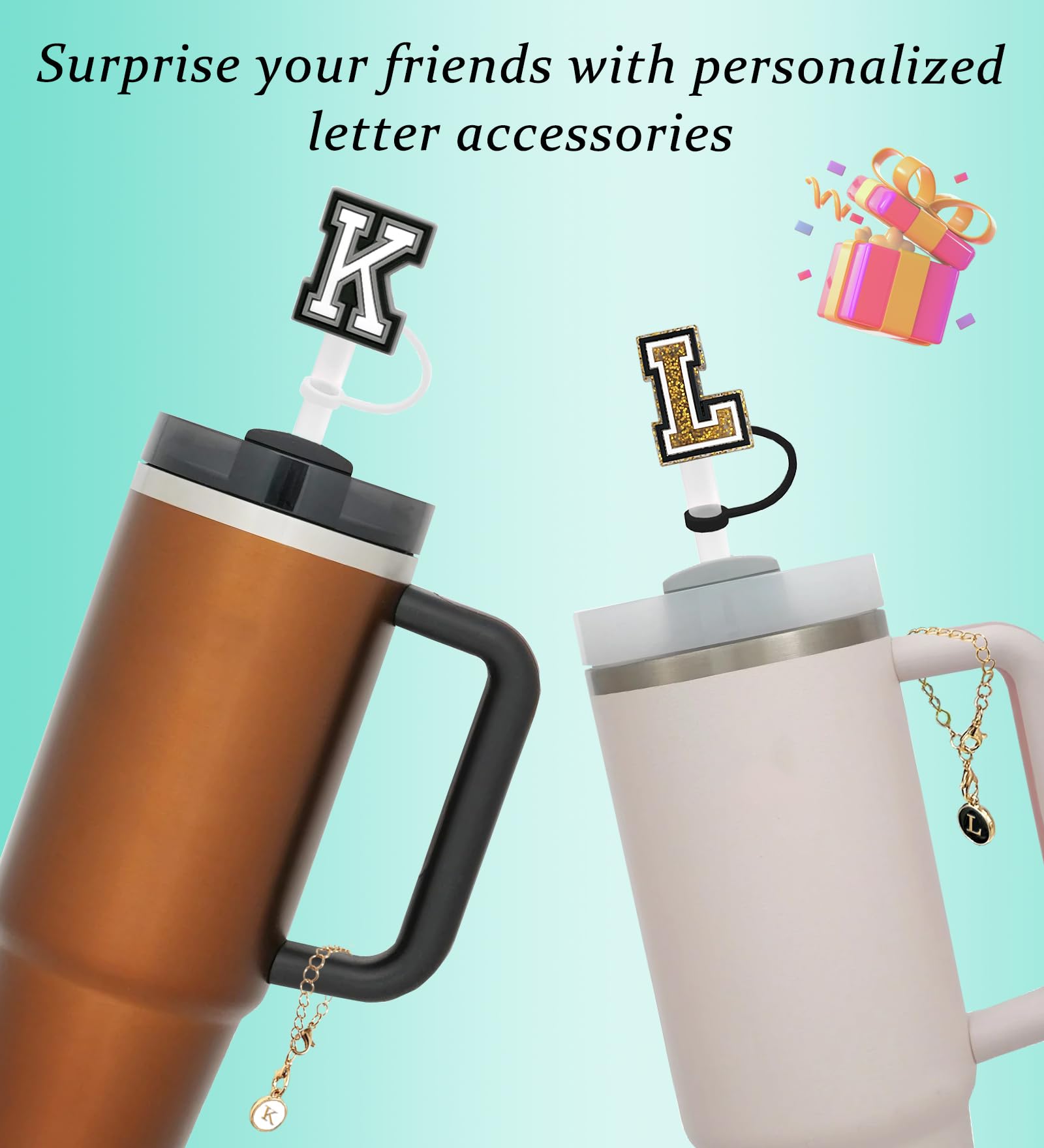 (3 +3) 3PCS Nuozme Straw Cover 10mm For Stanley Tumbler Cup Reusable Straw Cap Topper with 3 Initial Letter Charms Accessories Name ID Personalized Handle Charm For Stanley 30&40 Oz Cup Tumbler