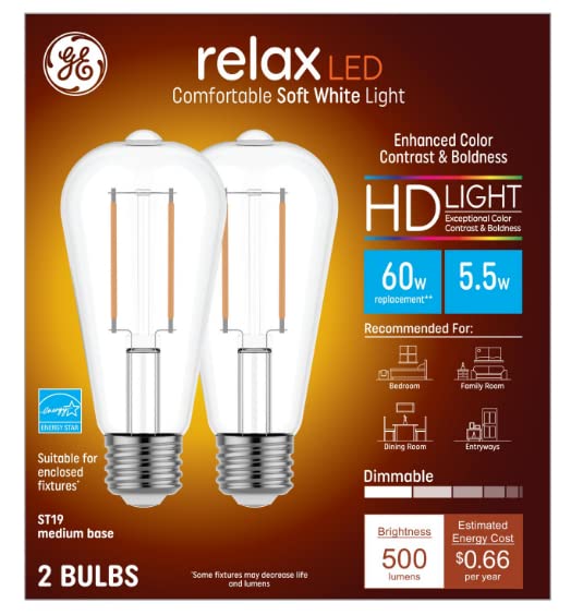 (2-Pack) GE Relax LED Vintage 60 watt equivalent ST19 Soft White Dimmable Decorative Light Bulb