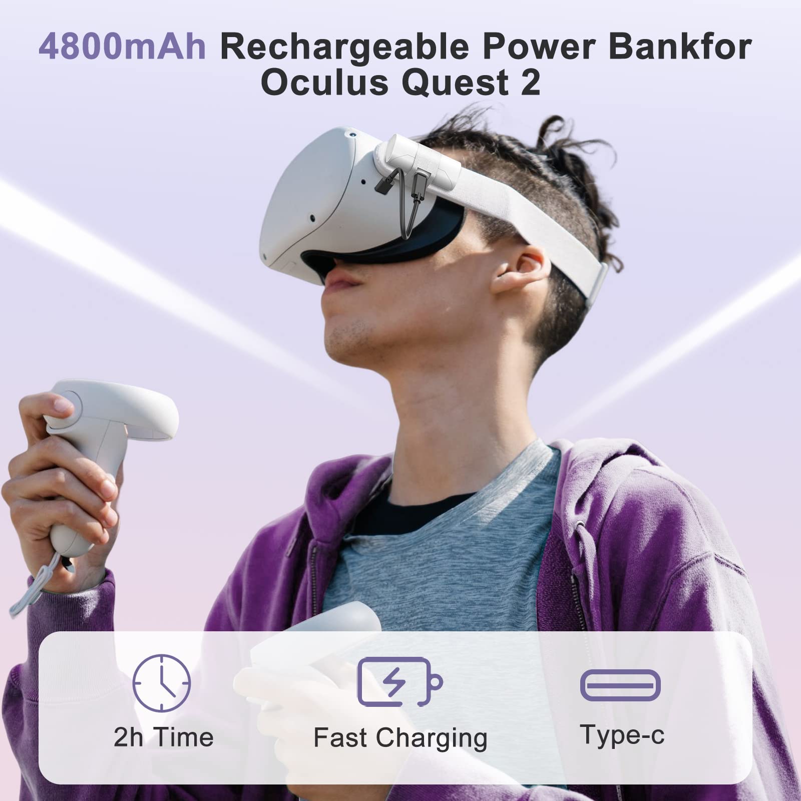 (4800mAh) Extended 2 Hours Playtime for Oculus Quest 2, Zanpolin 4800mAh Pocket Power Bank for Oculus/Meta Quest 2 and Quest, Elite Strap, Type-C Phone, Oculus 2 Battery Pack (White)