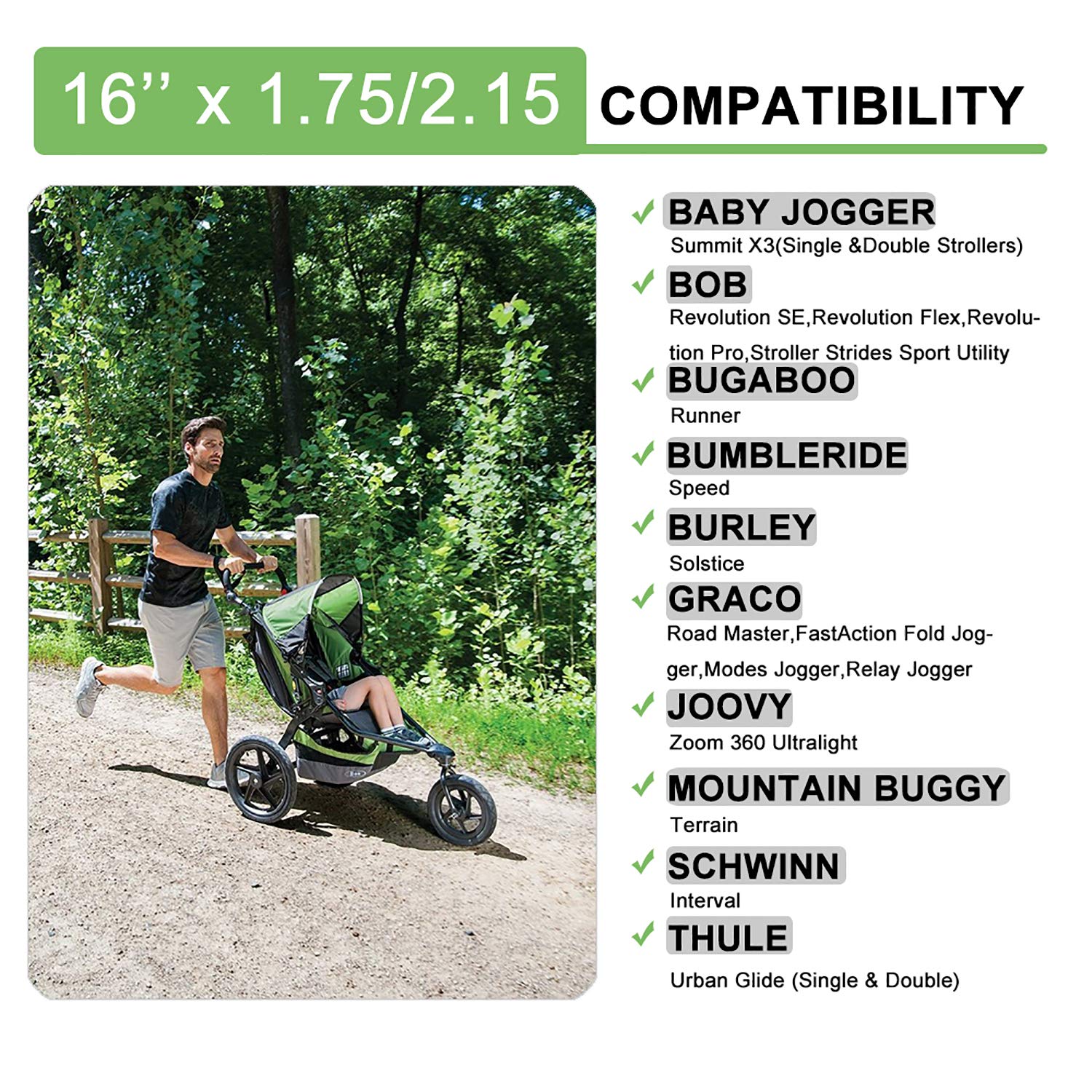 (3-Pack)16'' x 1.75/2.15 Back and 12.5'' x 1.75/2.15 Front Wheel Replacement Inner Tubes for BoB Stroller Tire Tube Revolution SE/Pro/Flex/SU/Ironman - Made from BPA/Latex Free Butyl Rubber