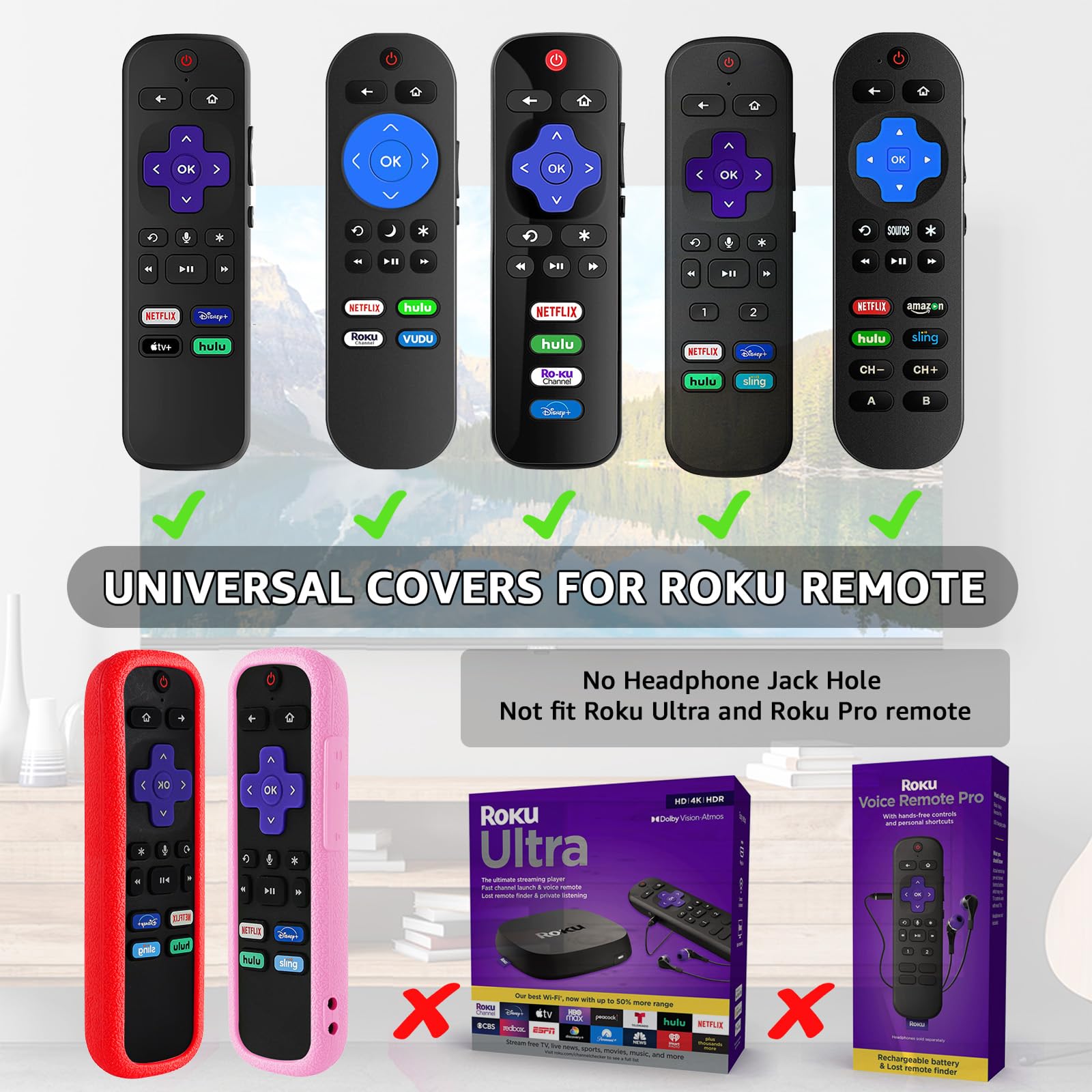 (4 Pack) ONEBOM Cover for Roku Remote, Case for Hisense/TCL Roku TV Steaming Stick/Express Universal Replacement Controller Silicone Sleeve Skin Glow in The Dark (Pink White Orange) Red