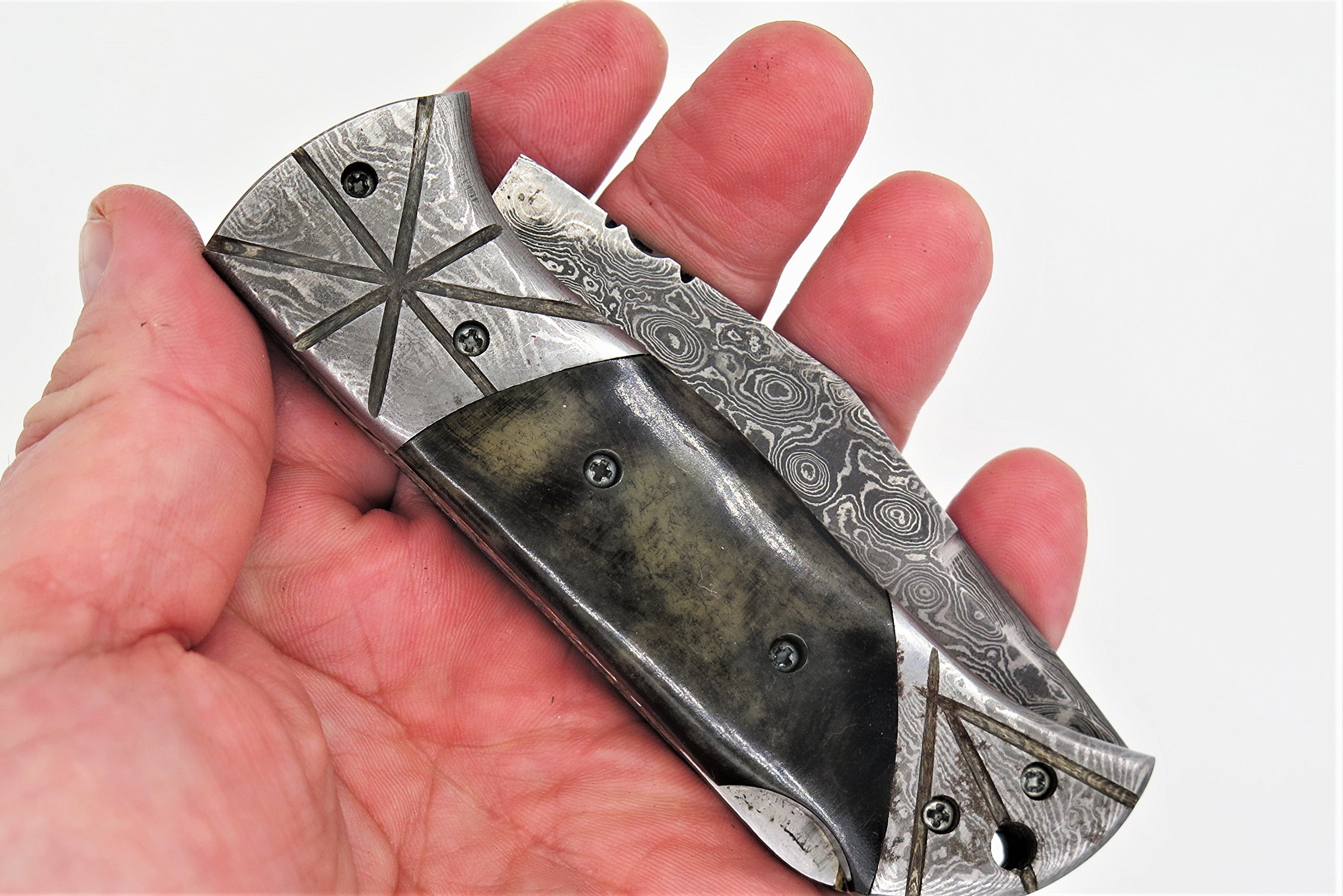 (3 7/18) Sale DKC-727 Midnight Cowboy Damascus Steel Black Bone Folding Pocket Hunting Knife 4.5' Folded 8" Open 3.25" Blade