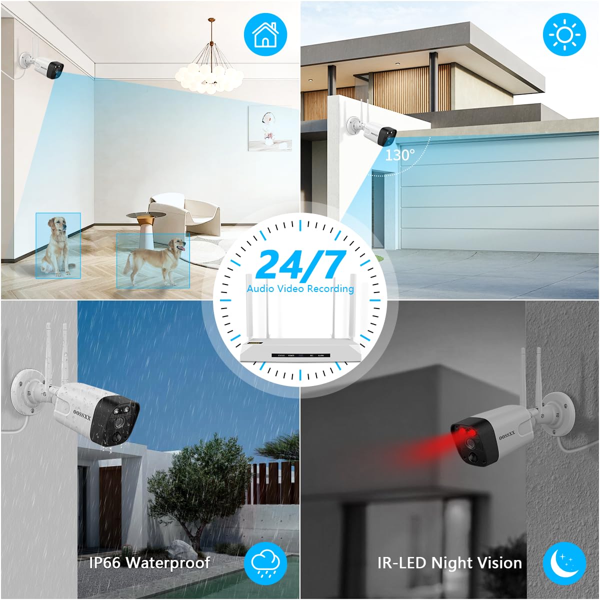 (5.0MP & PIR Detection) 2-Way Audio Dual Antennas Outdoor Security Camera System Wireless WiFi Home Security System Indoor Video Surveillance (All-in-One 4-Cams 1.0TB)
