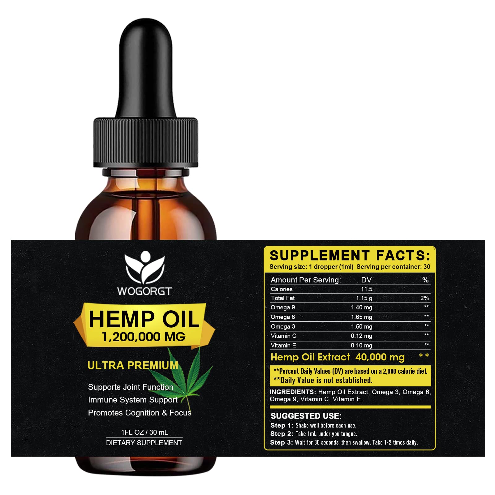 (3 Pack) Organic Hemp Oil - 100% Natural Hemp Oil Extract, Relaxation, Immune Support, Rich in Omega 3, 6, 9 Fatty Acids, Vegan - 30mL