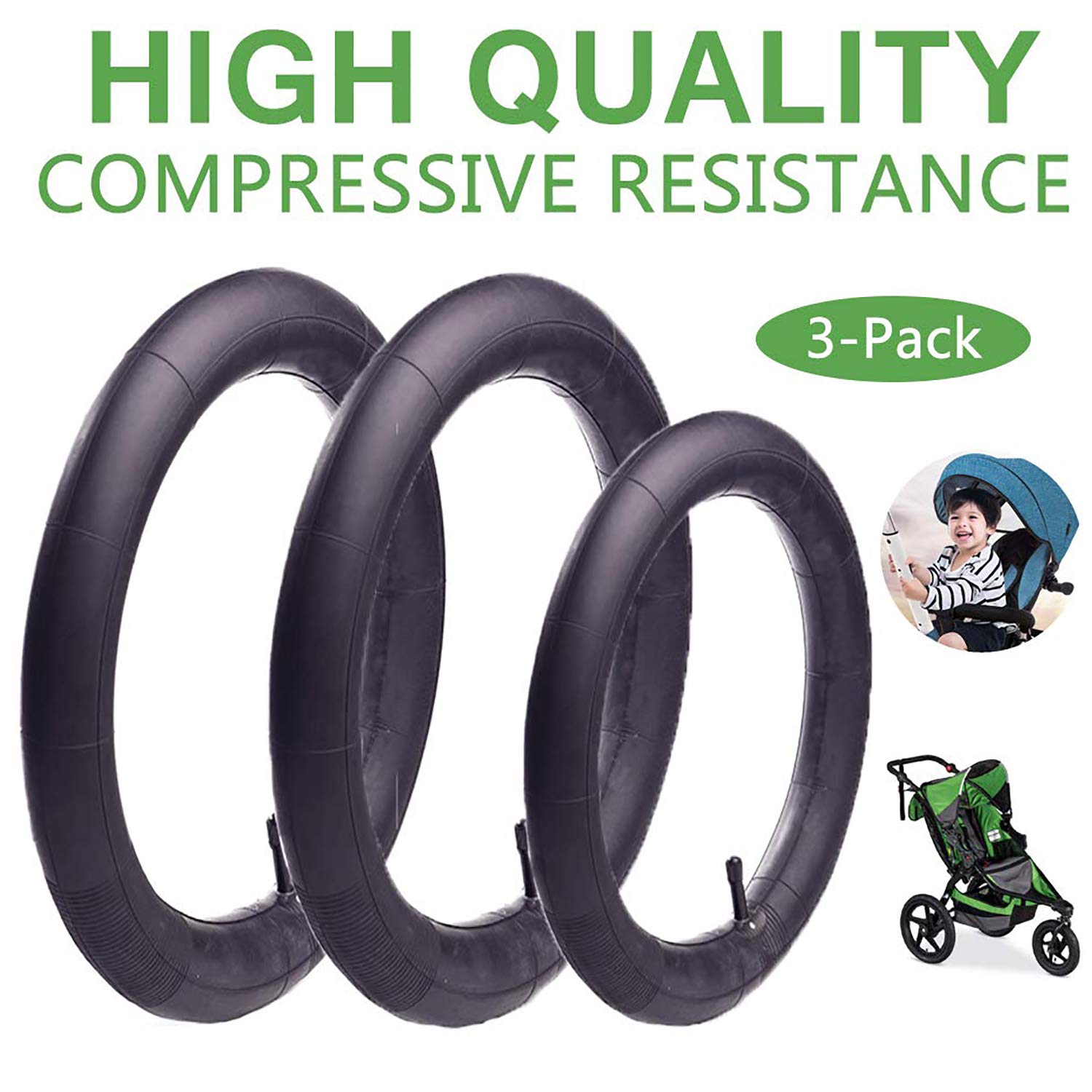 (3-Pack)16'' x 1.75/2.15 Back and 12.5'' x 1.75/2.15 Front Wheel Replacement Inner Tubes for BoB Stroller Tire Tube Revolution SE/Pro/Flex/SU/Ironman - Made from BPA/Latex Free Butyl Rubber