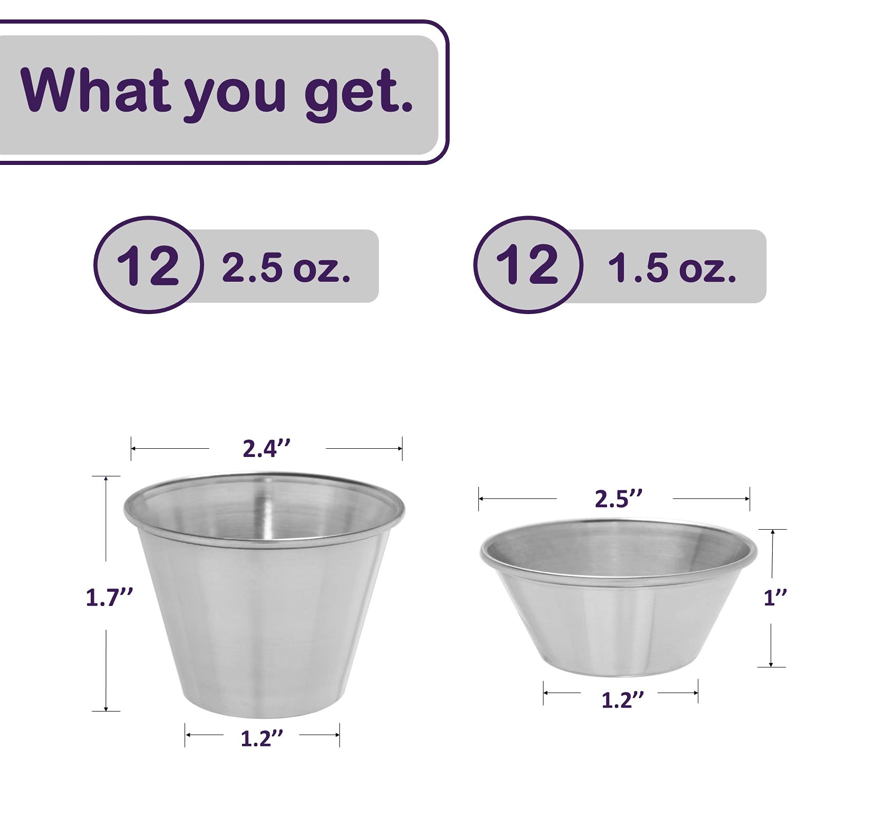(24 Pack, 2 Sizes) Small Sauce Cups, Stainless Steel Ramekin Dipping Sauce Cup, Commercial Grade Individual Round Condiment Cups (12 of - 1.5oz: 12 of - 2.5oz)