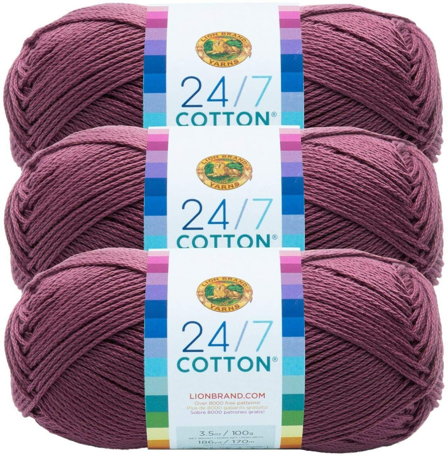(3 Pack) Lion Brand Yarn 761-143 24/7 Cotton Yarn, Lilac