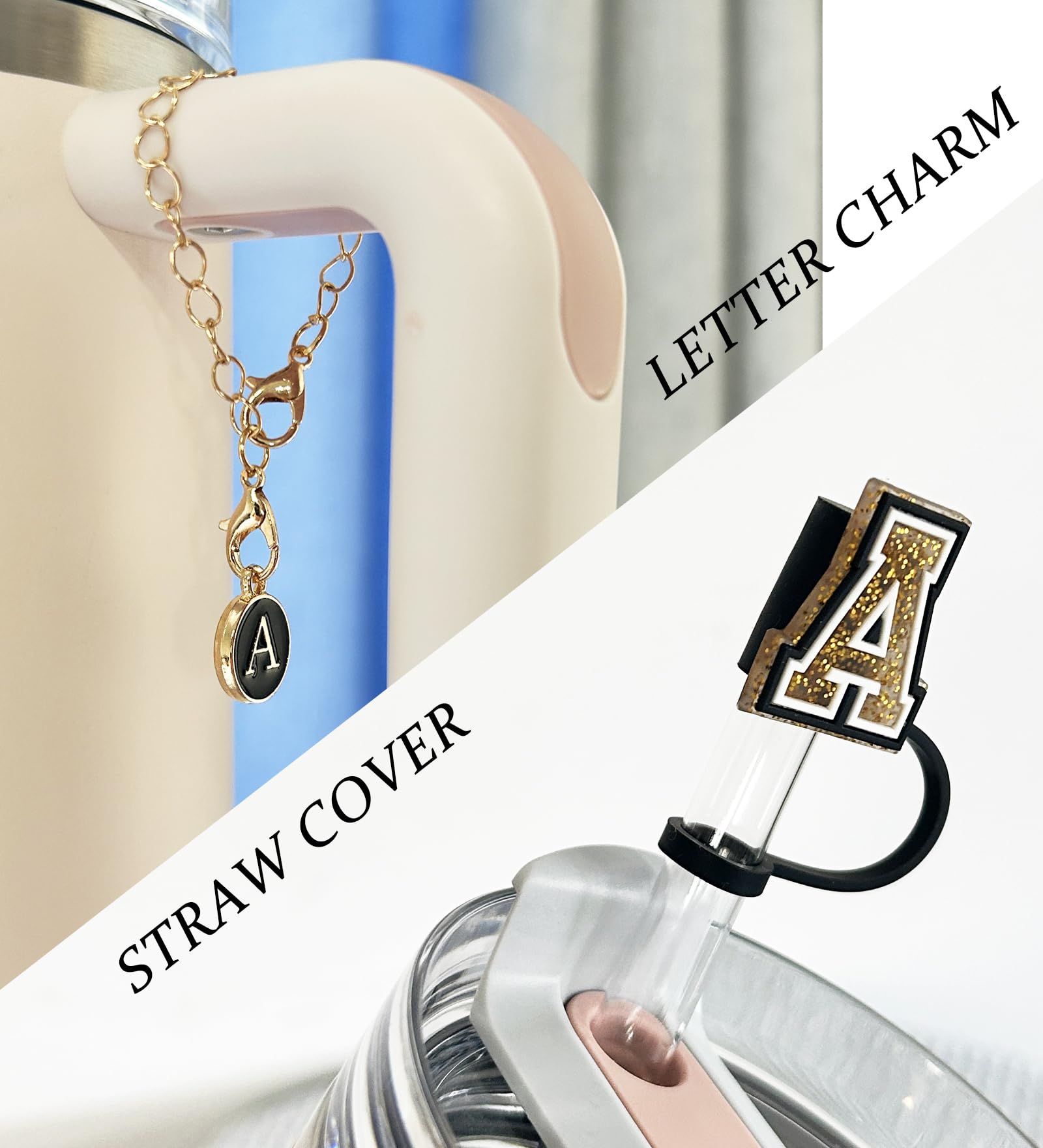 (3 +3) 3PCS Nuozme Straw Cover 10mm For Stanley Tumbler Cup Reusable Straw Cap Topper with 3 Initial Letter Charms Accessories Name ID Personalized Handle Charm For Stanley 30&40 Oz Cup Tumbler