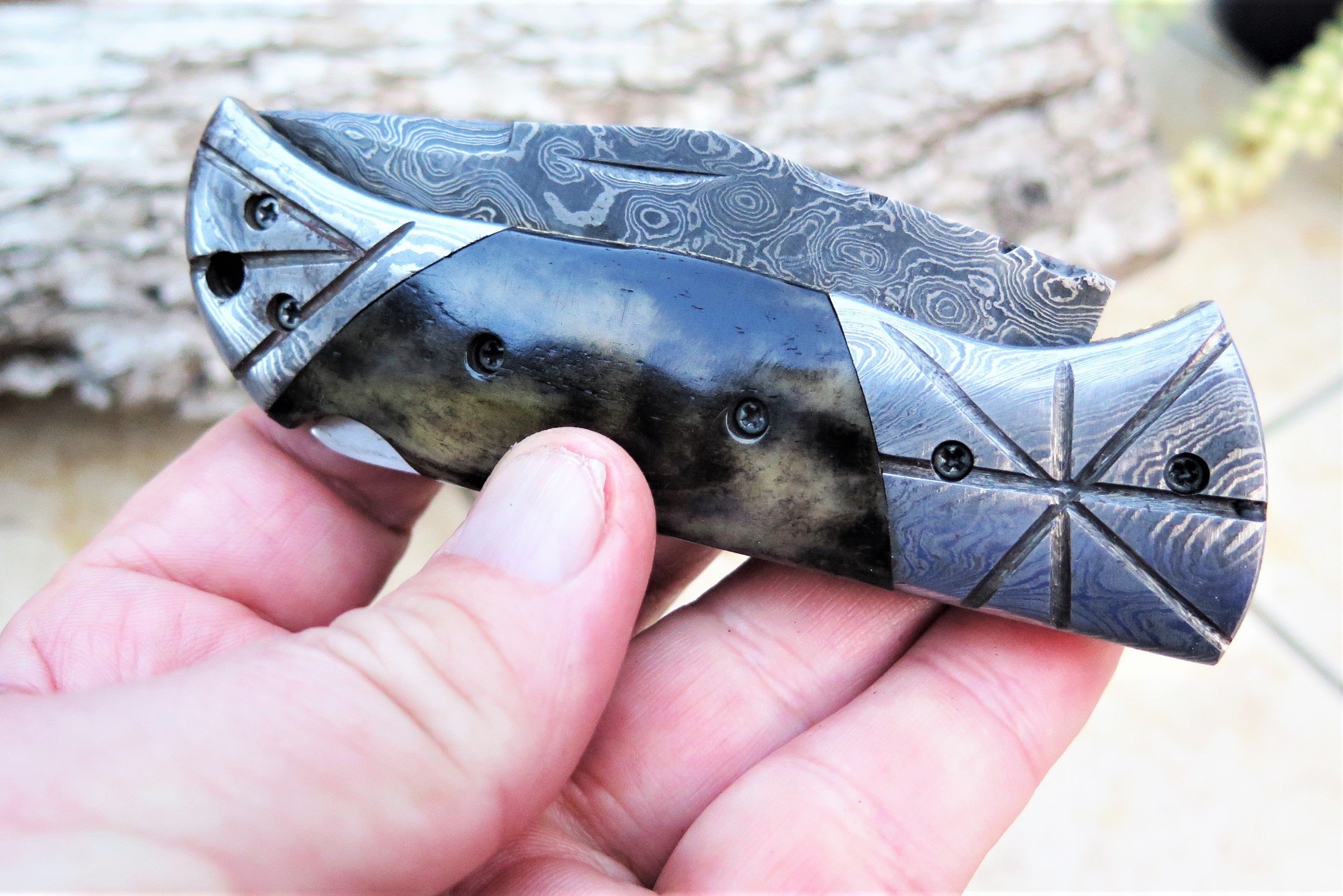 (3 7/18) Sale DKC-727 Midnight Cowboy Damascus Steel Black Bone Folding Pocket Hunting Knife 4.5' Folded 8" Open 3.25" Blade