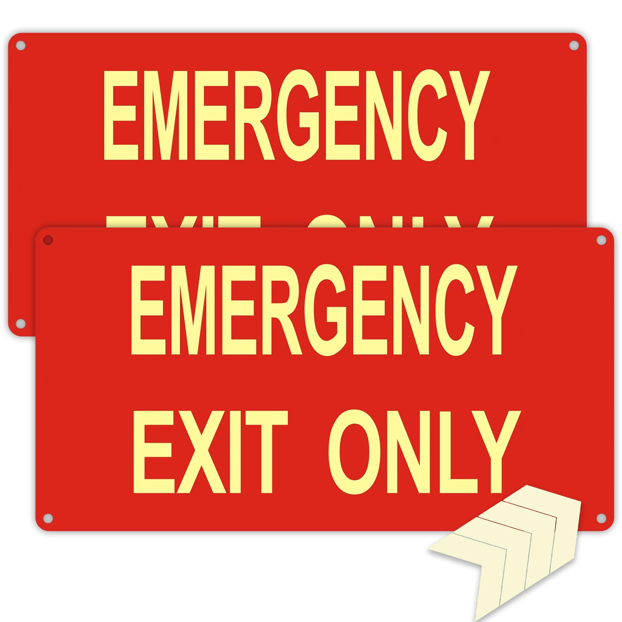 (2Pack) Photoluminescent Emergency Exit Sign Red, Glow In The Dark Aluminum Exit Sign - Adhesive Backing - 4pcs Removable Arrows Included - 14.25 x 7.5 Inches - Non Electrical Exit Sign