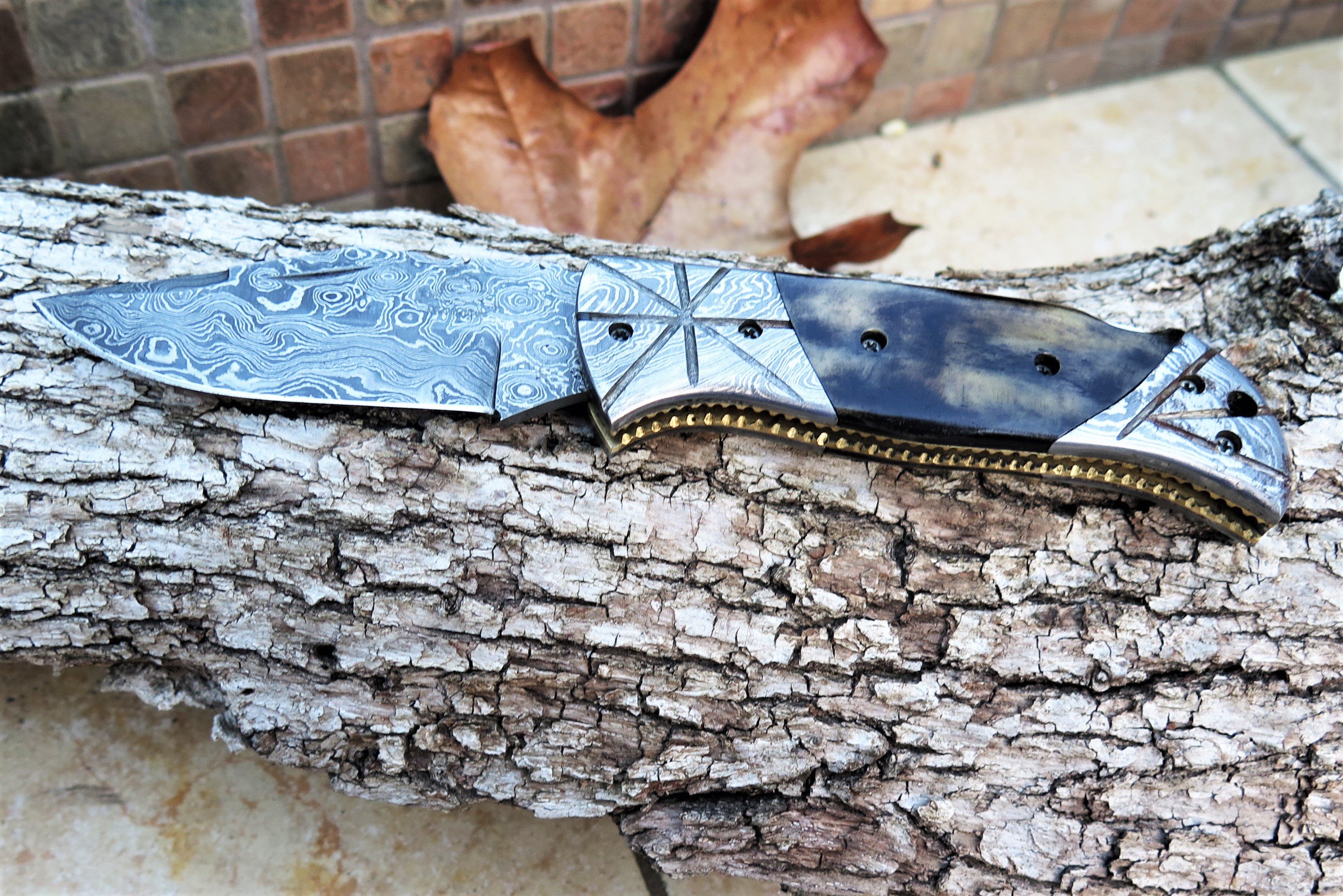 (3 7/18) Sale DKC-727 Midnight Cowboy Damascus Steel Black Bone Folding Pocket Hunting Knife 4.5' Folded 8" Open 3.25" Blade