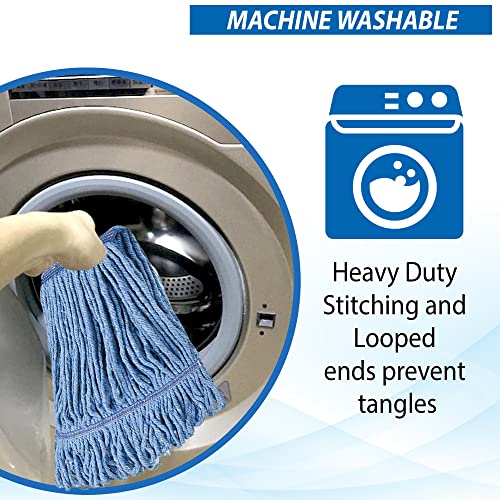 (3 Pack) Mop Head Replacement, Mop Heads Commercial Blue Cotton Looped End String, Wet Industrial Cleaning Mophead Replacements Refill, Reusable Washable Mops for Floor Cleaning Heavy Duty Mopheads