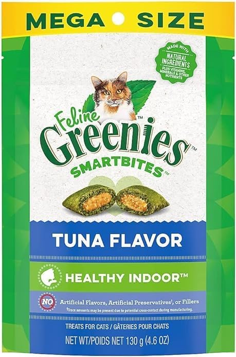 (4 Pack) Greenies Feline SMARTBITES Healthy Indoor Control (previously Called Hairball Control) Chicken and Tuna, (4.6oz, 2 Each)