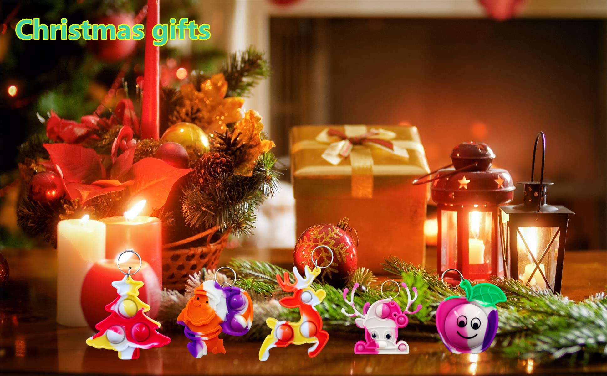 (Christmas Party Gift ）30 Packs Bulk Santa Deer Rudolph Mini Pop Fidget Key Chain， Christmas Party Favors Supplies and Student Prizes Gift