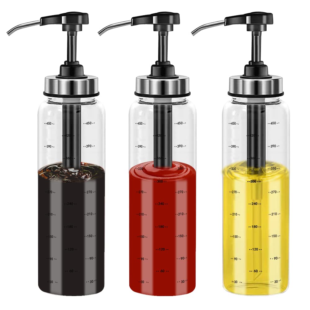 (3 Pack) Glass Sauce Pump Dispenser , No Drip,17 Ounce Big Olive Oil Dispenser Bottle Set, Ketchup Salad Dressing Honey Oil Presser,Sticky Sauce Squeeze Bottle for Kitchen and BBQ