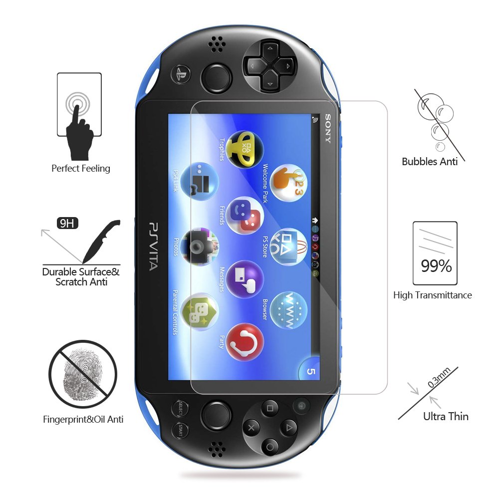 (4-Pack) 2 Front+2 Back Covers Screen Protectors for Sony PlayStation Vita 2000, Akwox 9H Tempered Glass Front Screen Protector and HD Clear PET Back Screen Protective Film for PS Vita PSV 2000