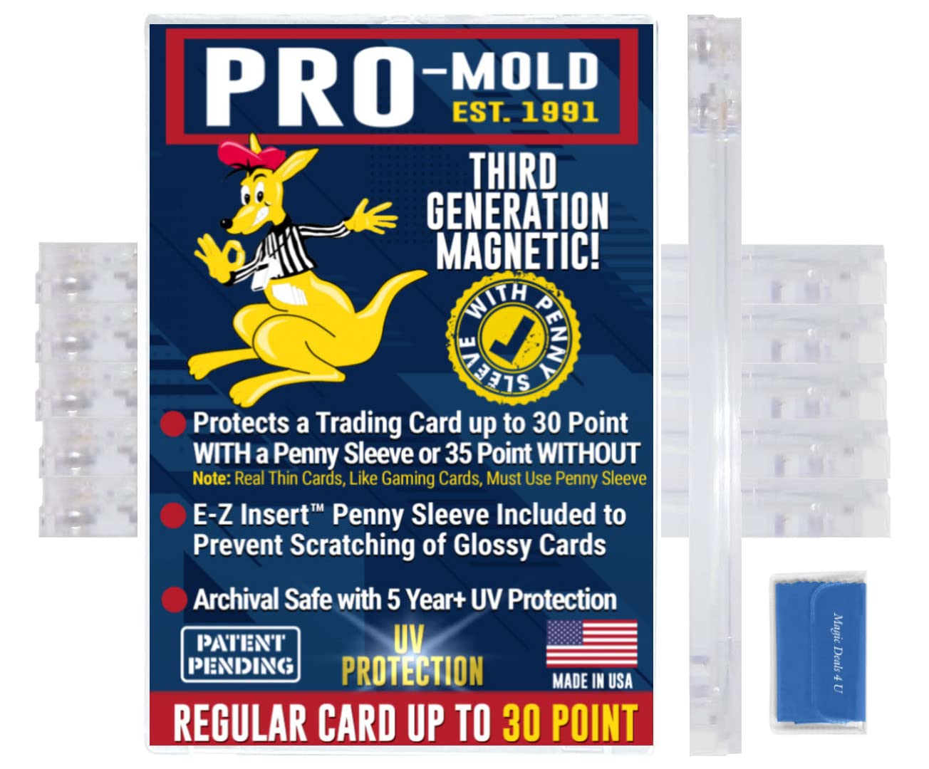 (5 Count) Pro-Mold USA Made 3rd Gen 30/35 Point Magnetic ONE-Touch Card Holder with Included EZ Insert Penny Sleeve (Microfiber Cloth Included)