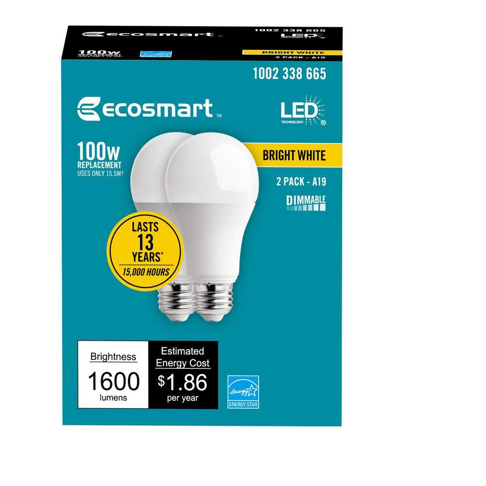 (8-Pack) EcoSmart LED Dimmable 100-Watt Bright White Light Bulb, A19, 1680-Lumen, 3000K, E26 Base