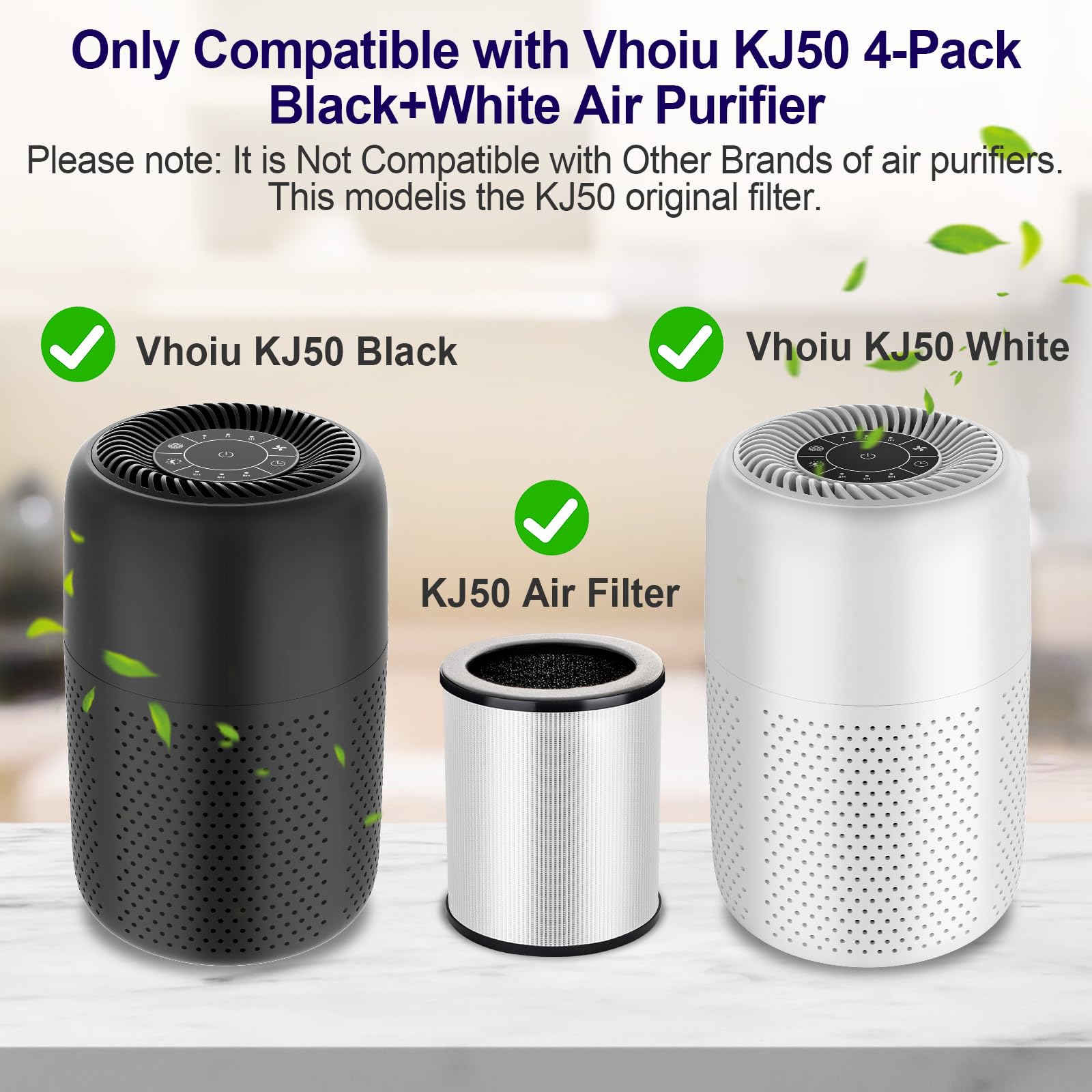 (4 PACK) KJ50 Replacement Filter Compatible with Vhoiu KJ50 Air Purifier Black/White, 360° Rotating 3-in-1 Filter of H13 True HEPA Filter, (Official Original Filter, Not Suitable for Other Models)