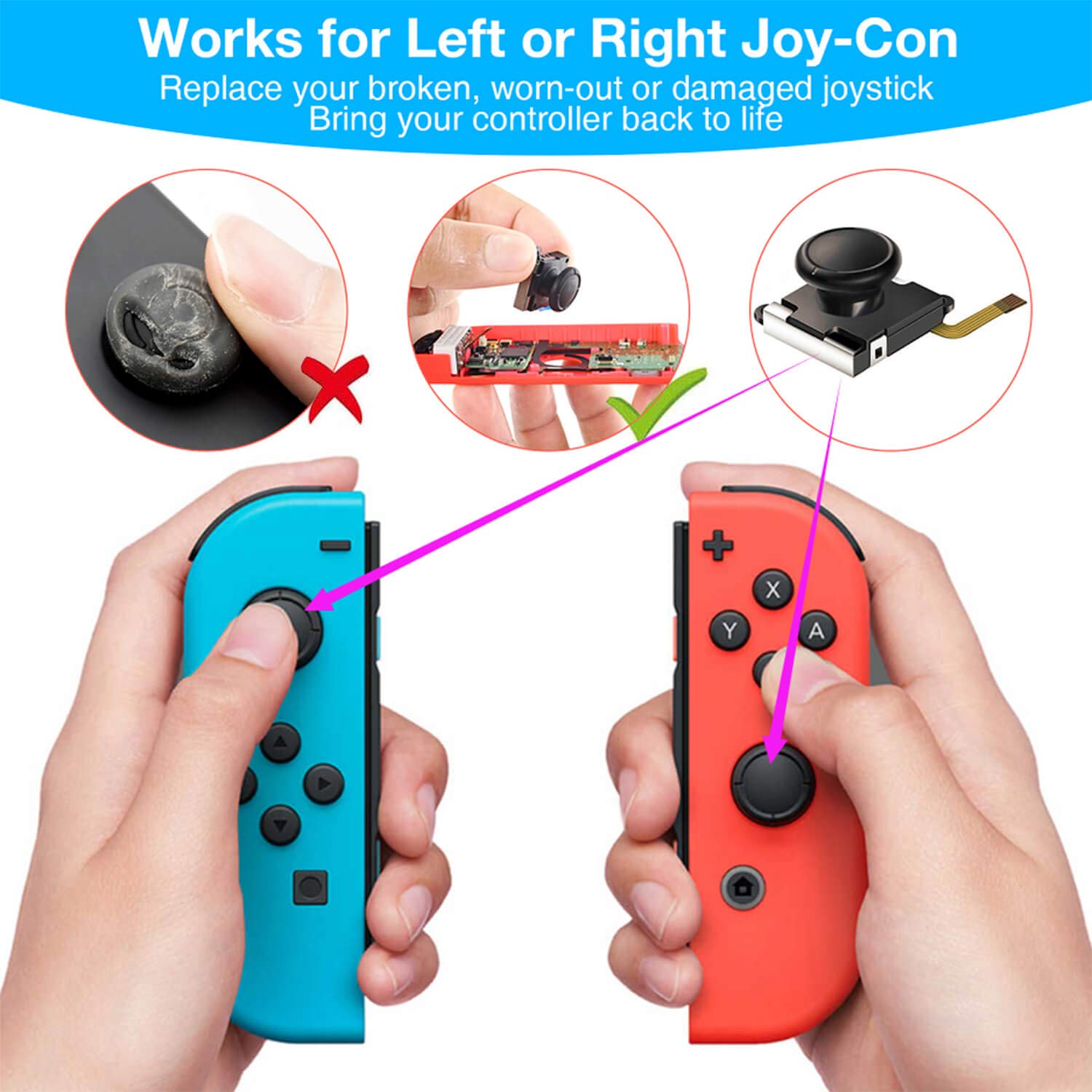 (4 Pack) Joystick Replacement for Joycon, Switch Analog Stick Parts for Nintendo Switch Joy Con, Controller Repair Kit Include 4 Thumb 3D Sticks, 2 Metal Buckles, Pry Tools, 6 Thumbstick Grips, 25Pcs