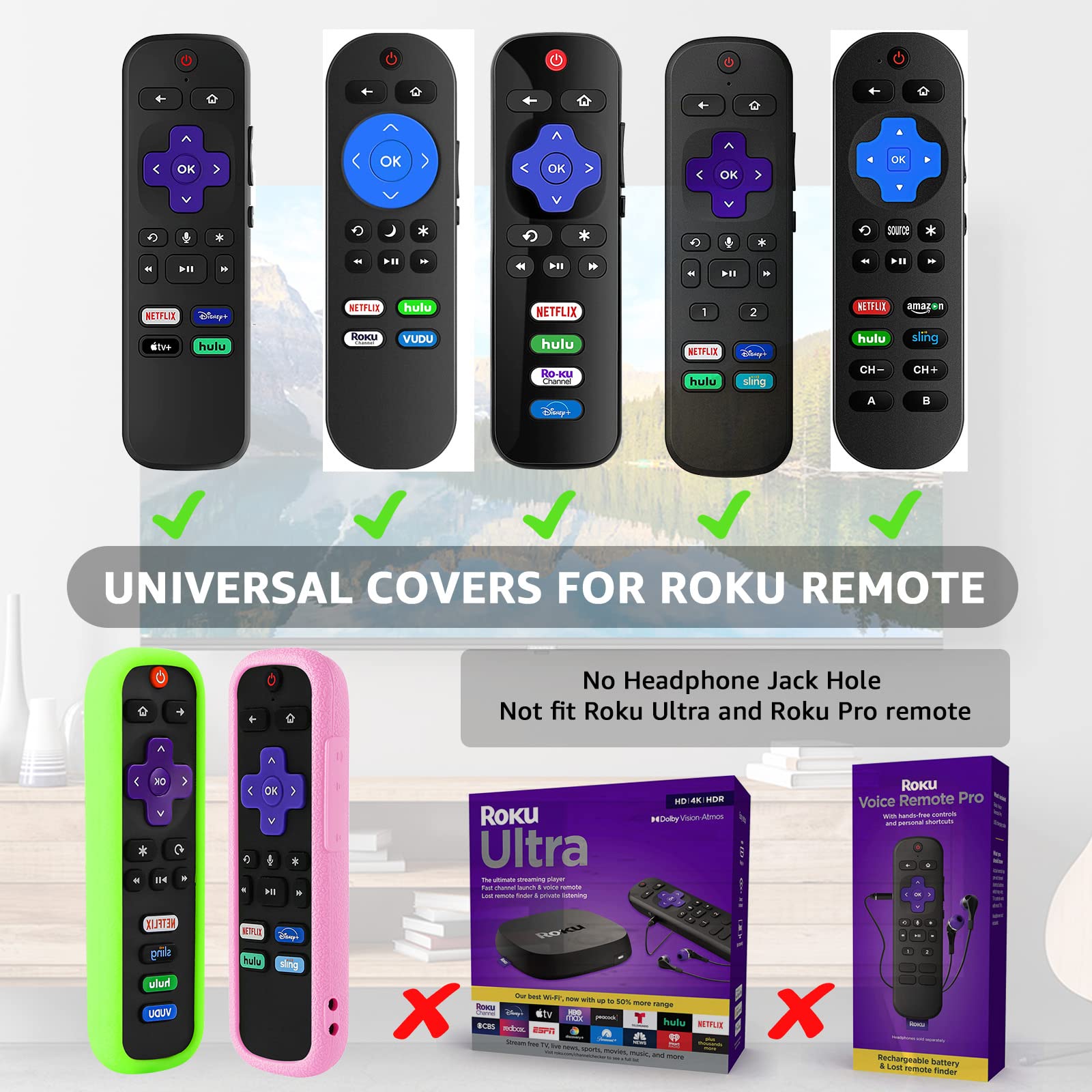 (4 Pack) ONEBOM Cover for Roku Remote, Cover for Hisense/TCL Roku TV Steaming Stick/Express Universal Replacement Controller Silicone Sleeve Skin Glow in The Dark (Green Pink Blue Yellow)