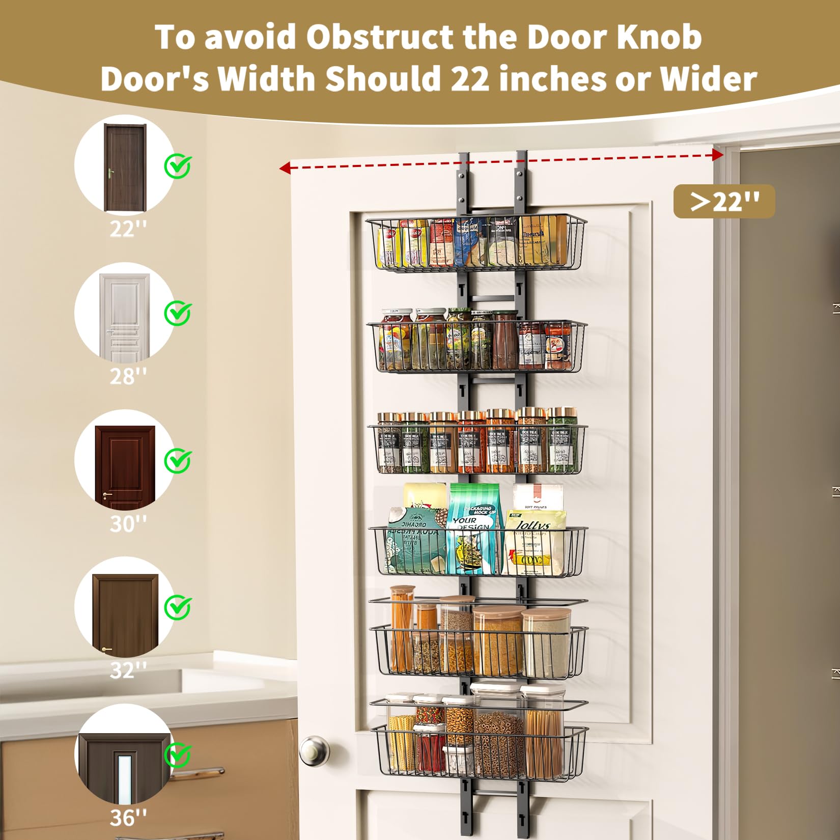 (90% Pre-installed) Over the Door Organizer for Pantry, Bathroom, Laundry Room (Multiple Uses) No Drilling Required, Sturdy and Stable (8 Adhesive Pad) 6 Tier, 12 Inches Wide, 49 Inches High
