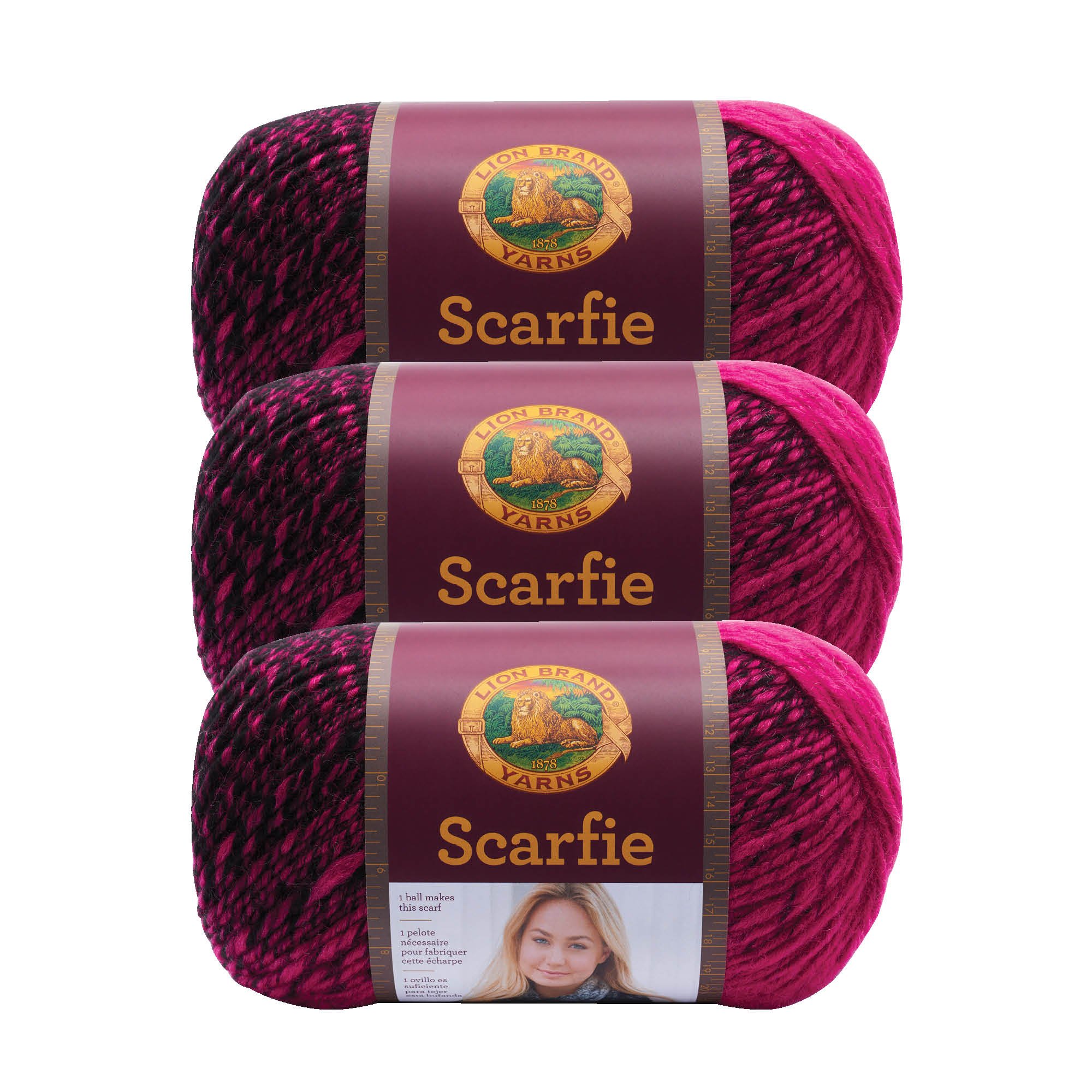 (3 Pack) Lion Brand Yarn Scarfie Bulky Yarn, Black/Hot Pink