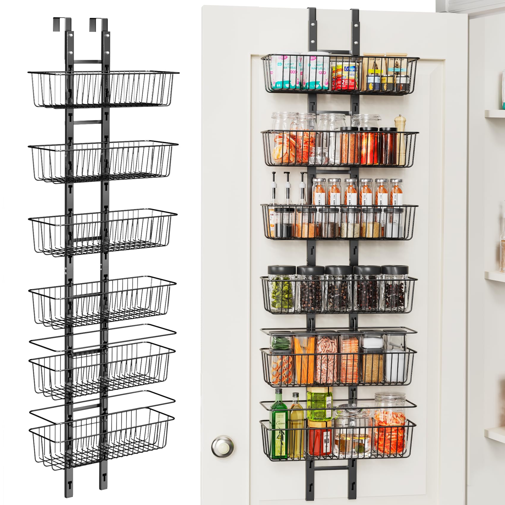 (90% Pre-installed) Over the Door Organizer for Pantry, Bathroom, Laundry Room (Multiple Uses) No Drilling Required, Sturdy and Stable (8 Adhesive Pad) 6 Tier, 12 Inches Wide, 49 Inches High