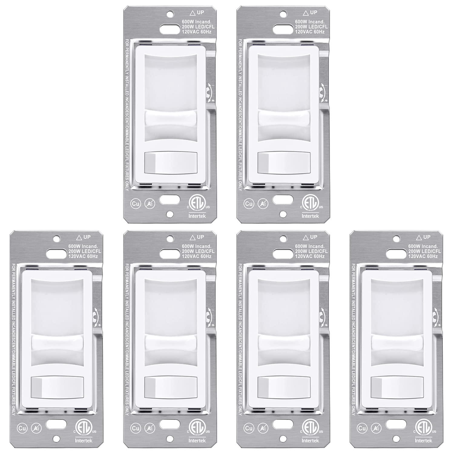 (6 Pack) UNIELE Ultra Slim Dimmer Light Switch, Max 300W Dimmable LED, CFL Lights, 600W Incandescent, Single-Pole or 3 Way LED Slide Dimmer Light Switch, 15A/120V/60Hz, ETL Listed, White
