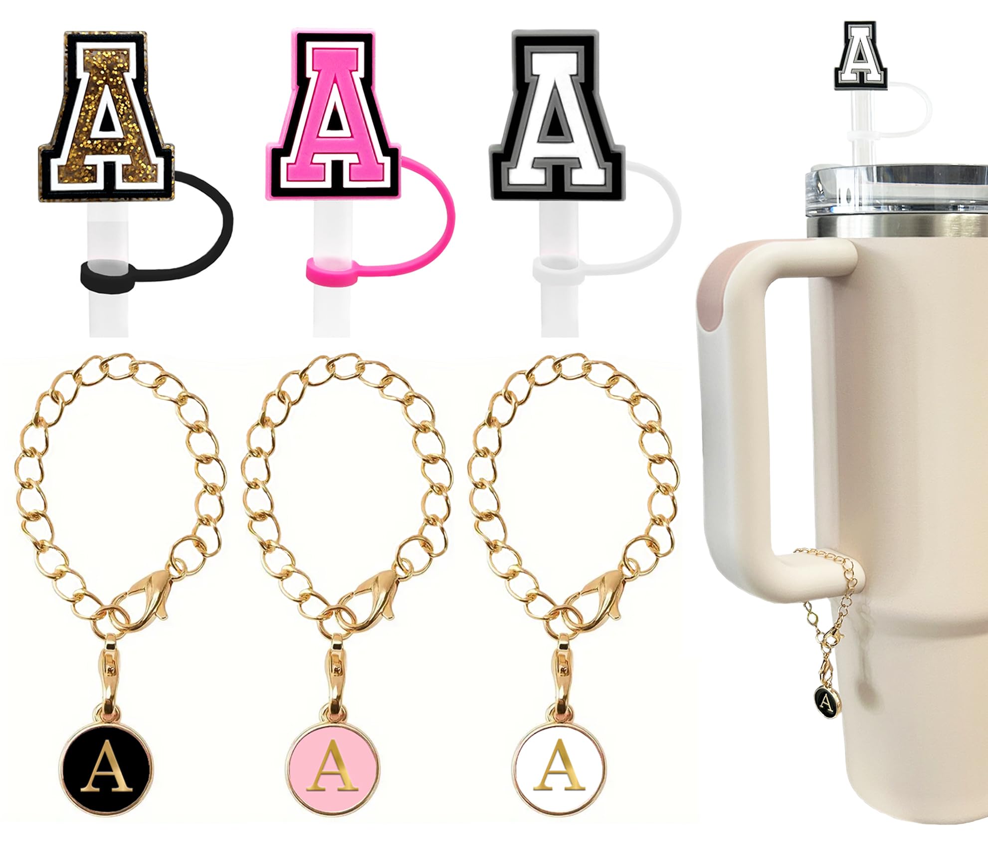(3 +3) 3PCS Nuozme Straw Cover 10mm For Stanley Tumbler Cup Reusable Straw Cap Topper with 3 Initial Letter Charms Accessories Name ID Personalized Handle Charm For Stanley 30&40 Oz Cup Tumbler