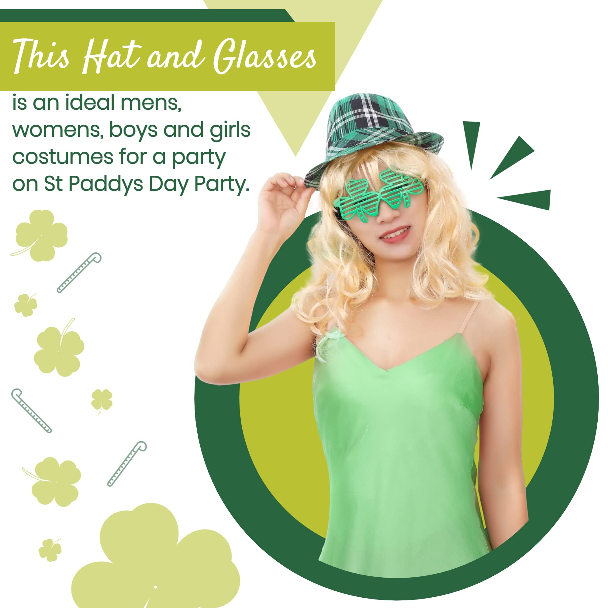 (Combo Pack) St. Patrick’s Day Hat (Large) and Shamrock Shutter Sunglasses - Green Fedora with Irish Plaid Design