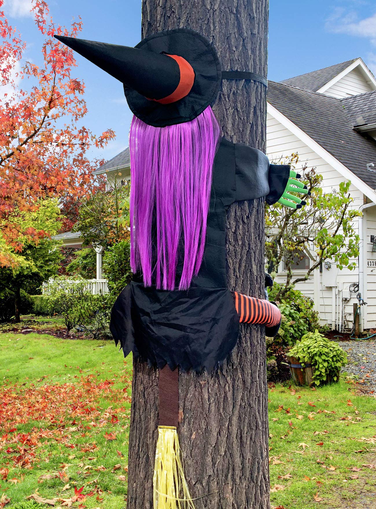 (53.5 Inch Tall) Life Size Witch Crashing Into Tree Door Column Outdoor Halloween Decoration, Funny Halloween Witch Ornaments Decor