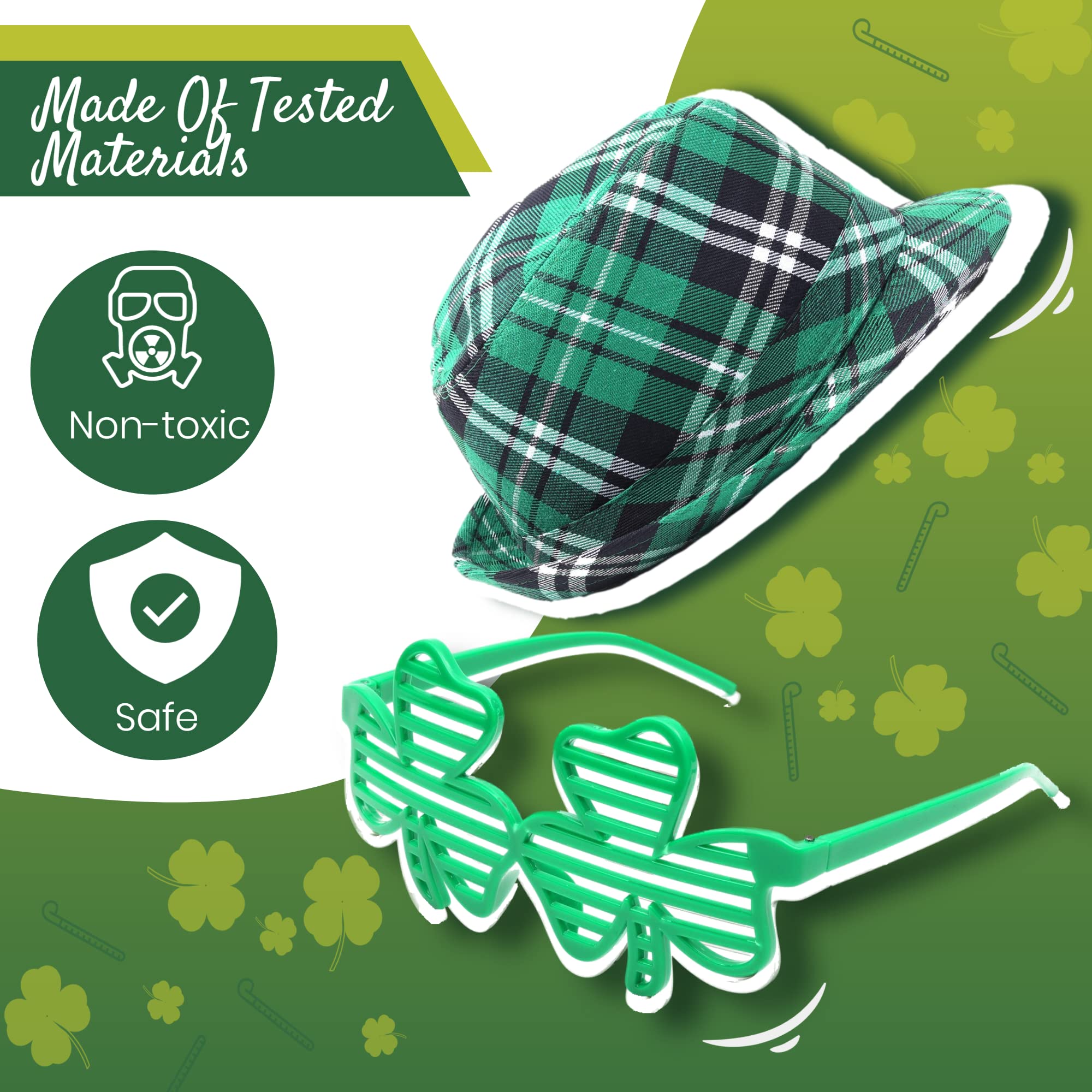 (Combo Pack) St. Patrick’s Day Hat (Large) and Shamrock Shutter Sunglasses - Green Fedora with Irish Plaid Design