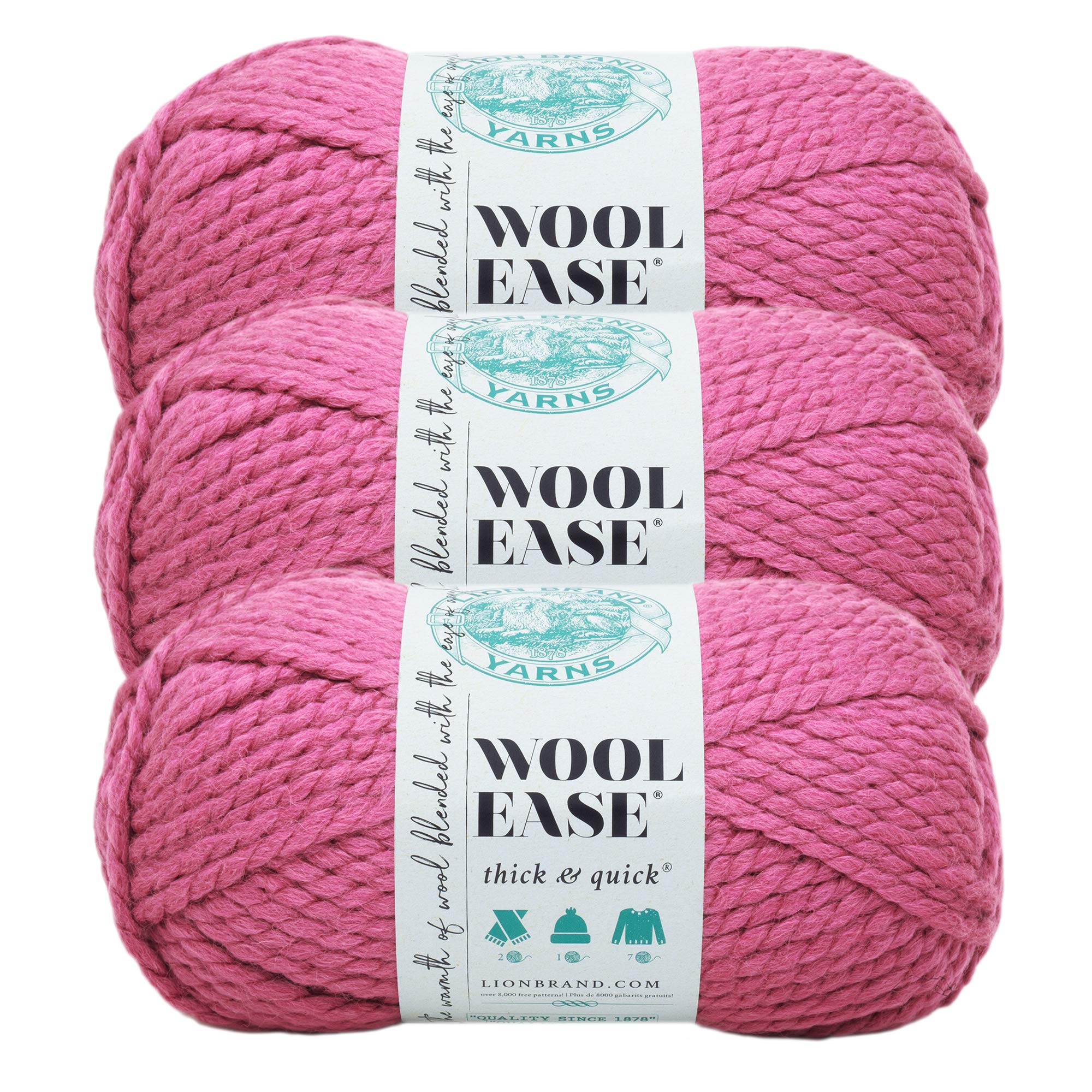 (3 Pack) Lion Brand Yarn 640-112 Wool-Ease Thick and Quick Yarn , 97 Meters, Raspberry
