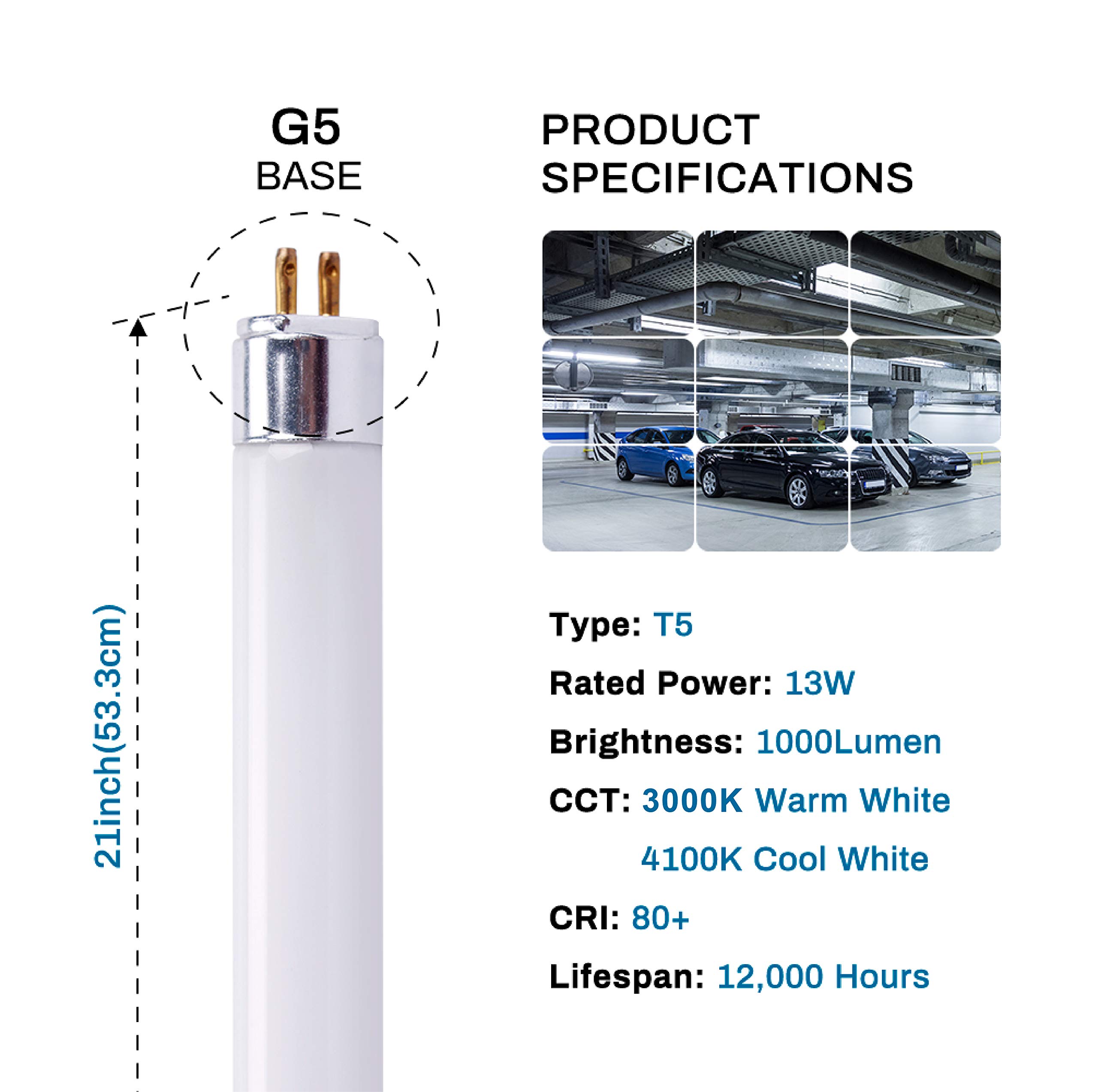 (6 Pack) F13T5/CW T5 Fluorescent Light Bulb, 21 Inch,13W, 4100K Cool White, Replacement Bulb for Under Cabinet Tube, G5 Mini Bi-Pin Base
