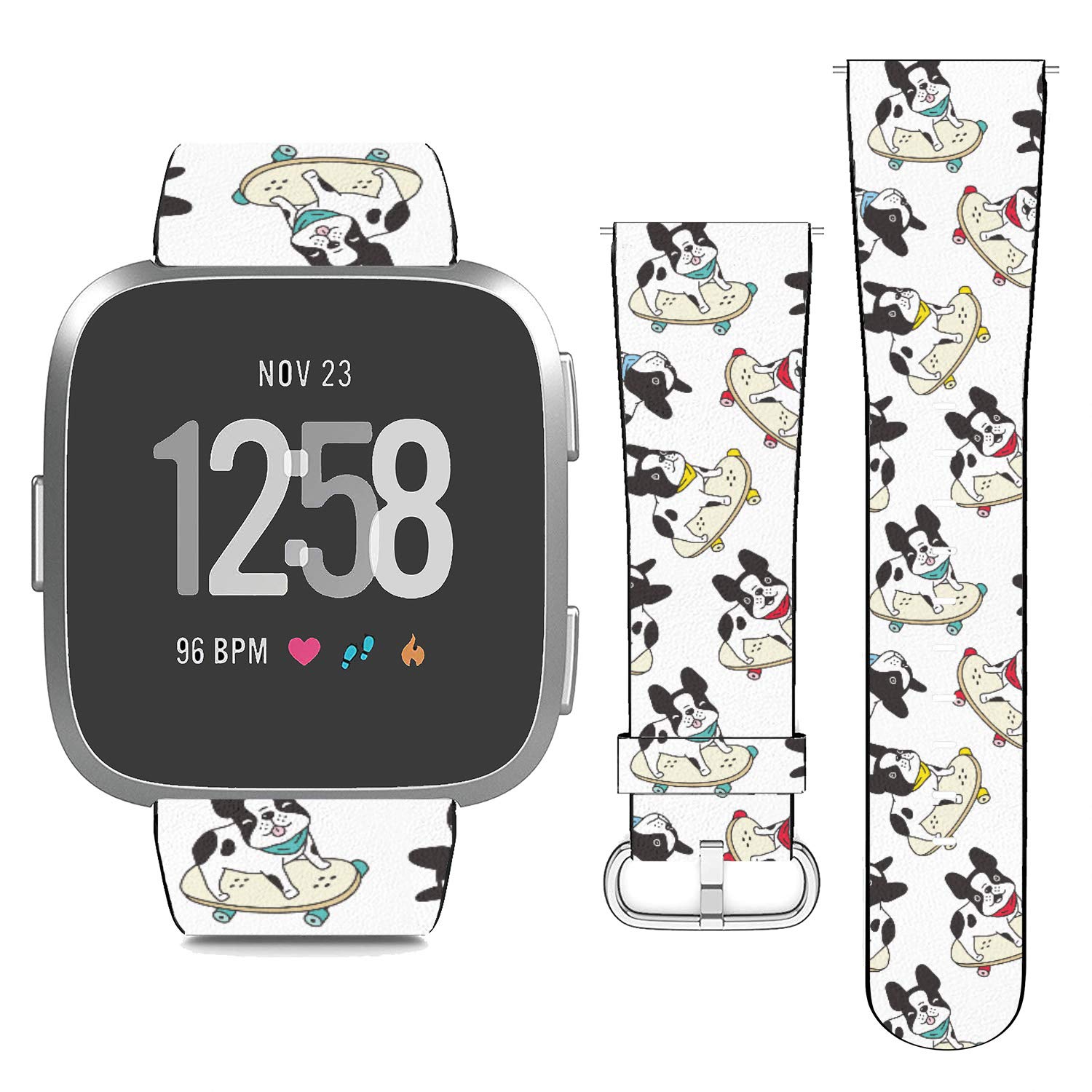(Funny Skateboarding Boston Terrier Dog) Patterned Leather Wristband Strap Compatible with Fitbit Versa 2 / Versa/Versa Lite/Versa SE All Version