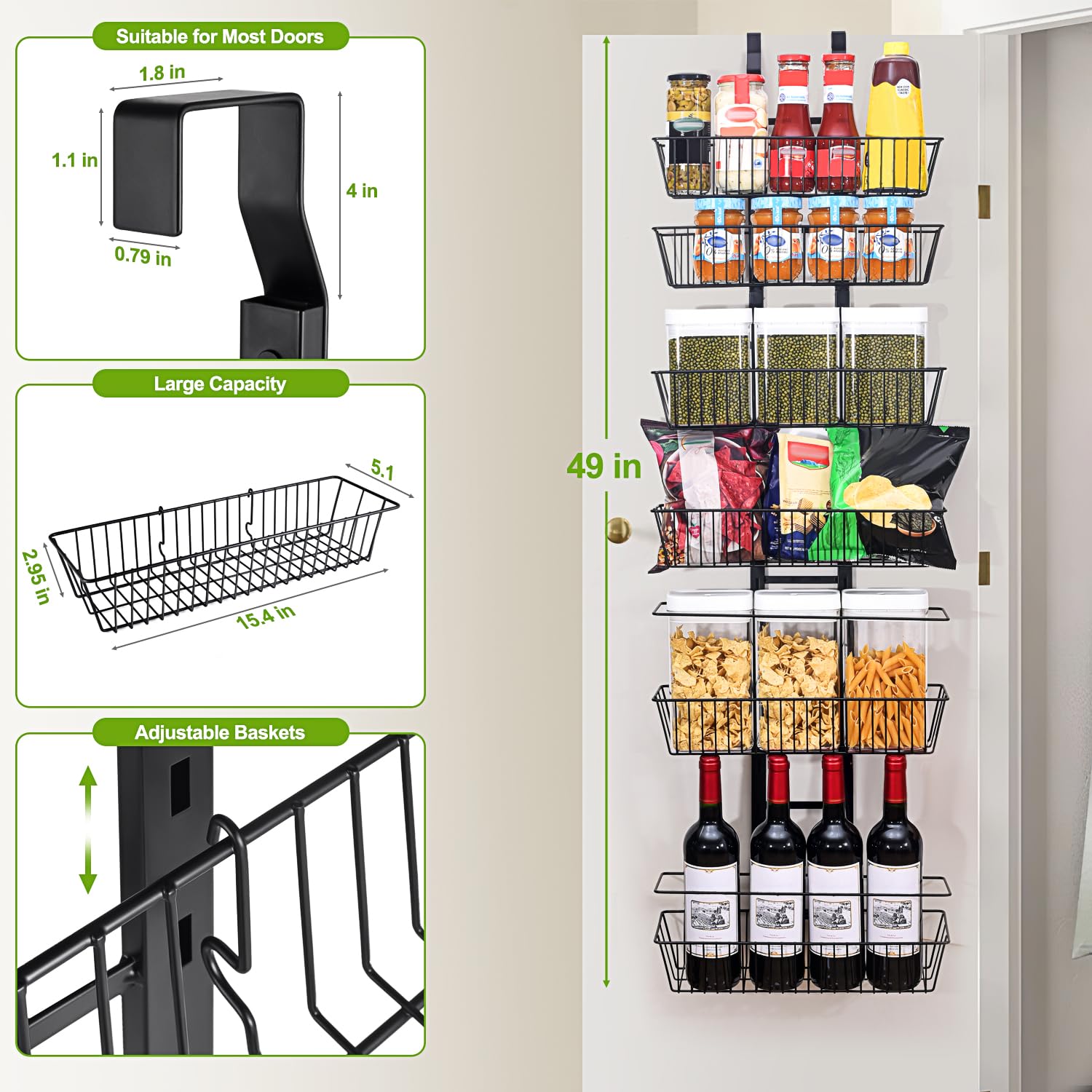 (90% Pre-installed) Over the Door Organizer for Pantry, Bathroom, Laundry Room (Multiple Uses) No Drilling Required, Sturdy and Stable (8 Adhesive Pad) 6 Tier, 12 Inches Wide, 49 Inches High