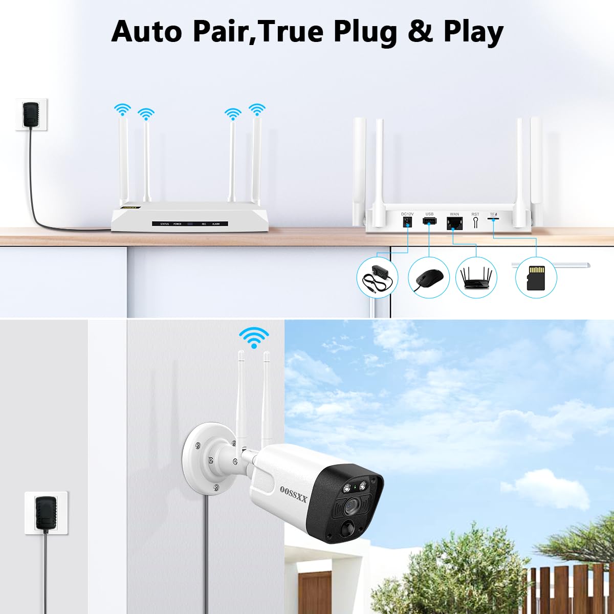 (5.0MP & PIR Detection) 2-Way Audio Dual Antennas Outdoor Security Camera System Wireless WiFi Home Security System Indoor Video Surveillance (All-in-One 4-Cams 1.0TB)