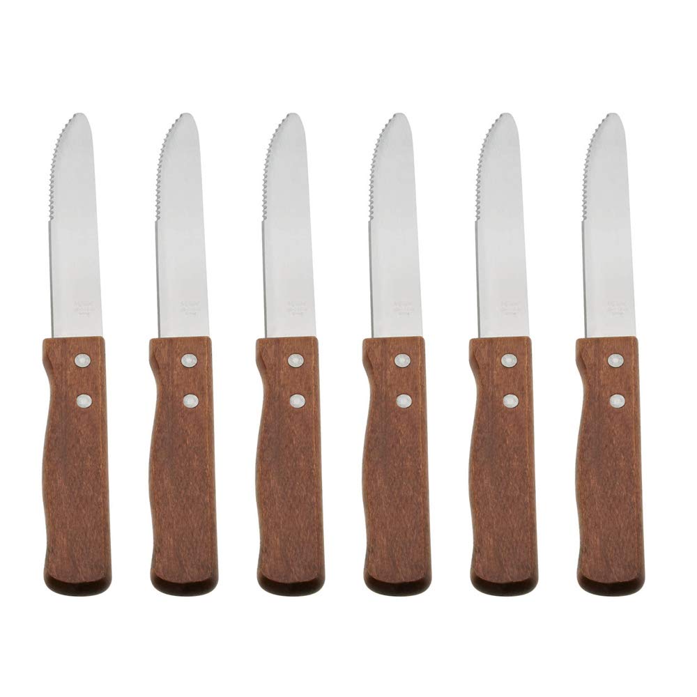 (Set of 6) 10-Inch Jumbo Steak Knives by Tezzorio, Stainless Steel Rounded Serrated 5-Inch Blade with Wooden Handle, Commercial Quality Steak Knife Set