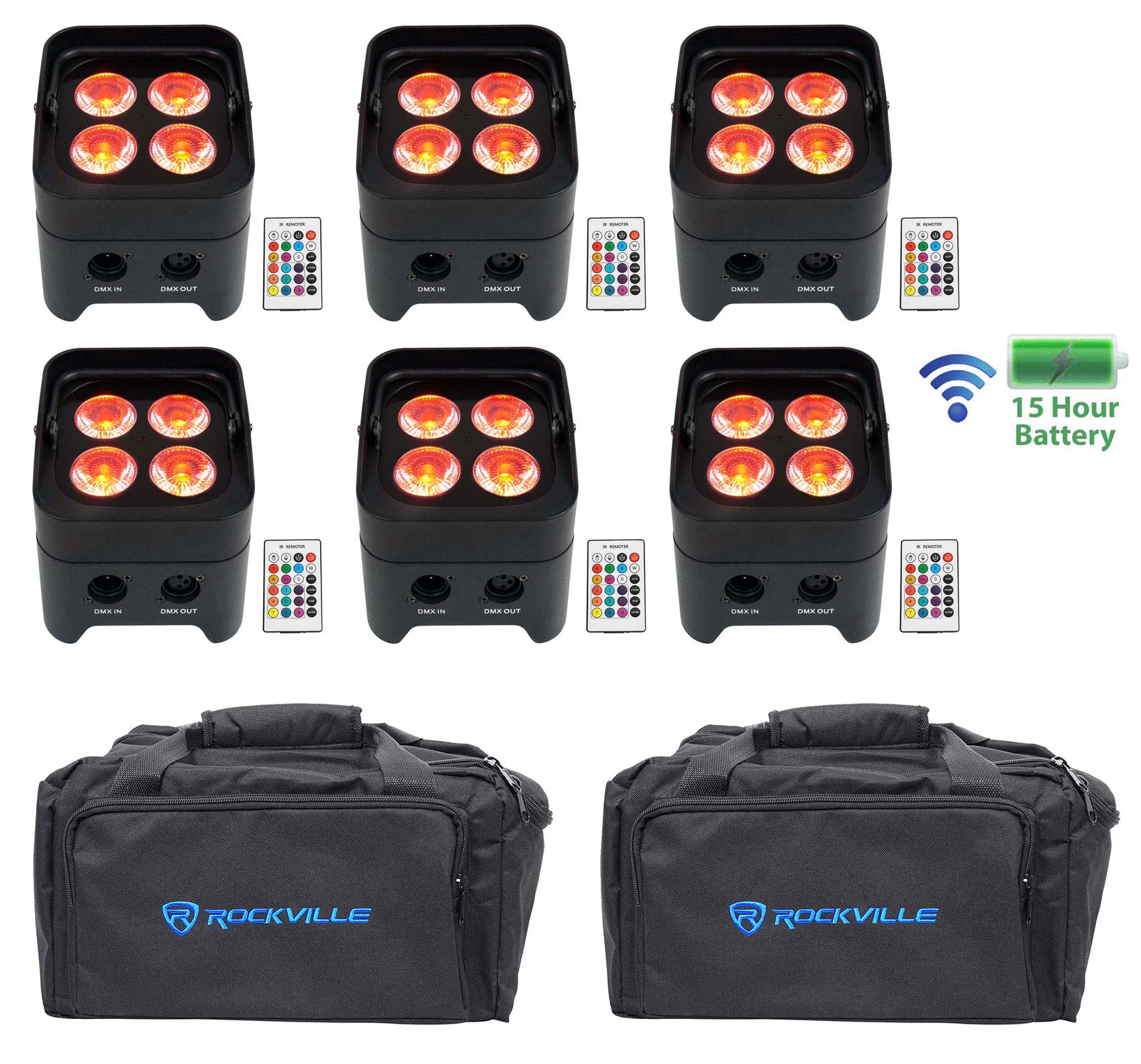 (6) Rockville BEST PAR 50 Rechargeable Par Wash Lights Wireless DMX+RGBWA+UV+Bag