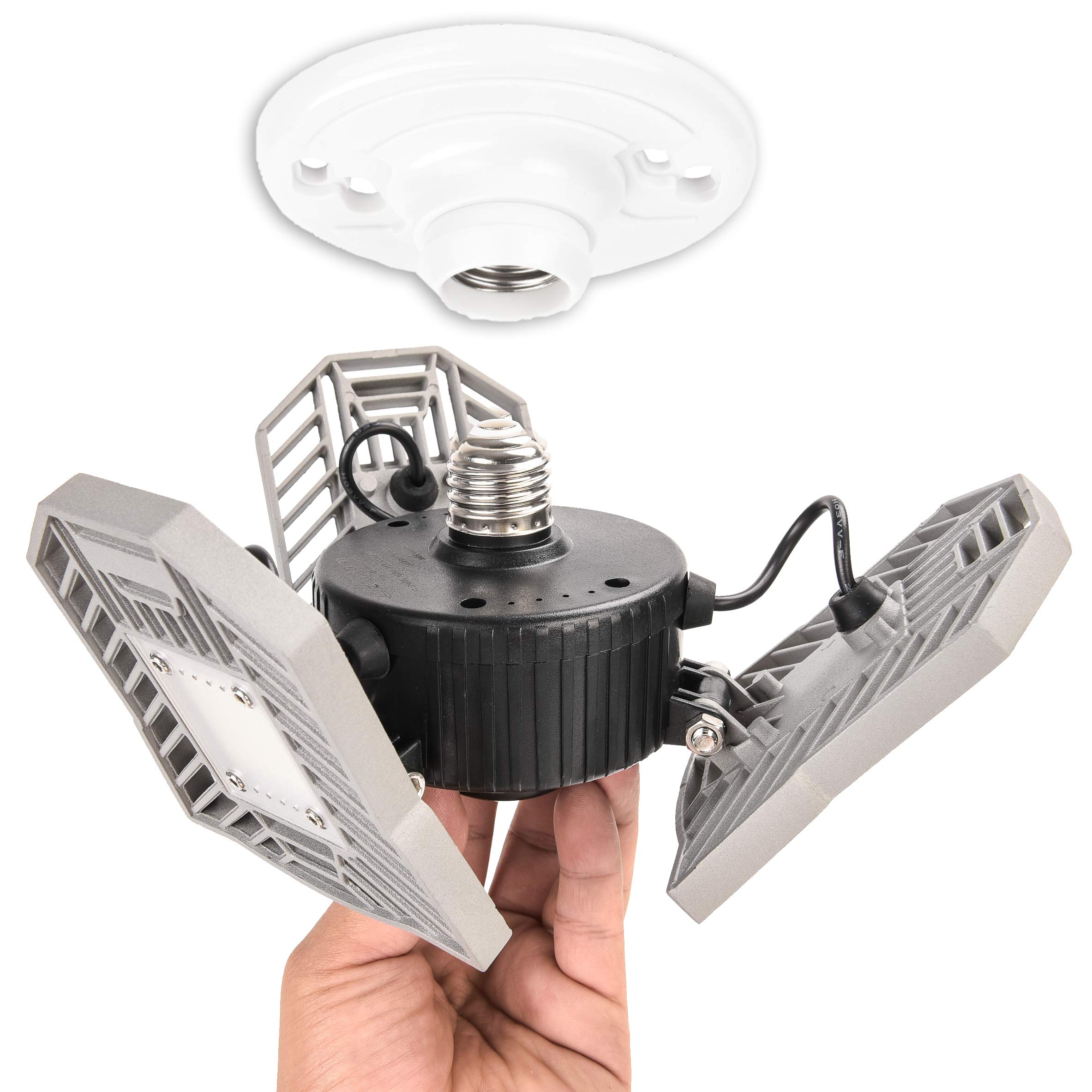 (Pack of 1) High Efficiency LED Garage Light - 6000K Deformable Ceiling Shop Light - E26 Lampholder Included, 3 Adjustable Panels - Garage, Warehouse, Barn, Shed Light - (Not Motion Activated)