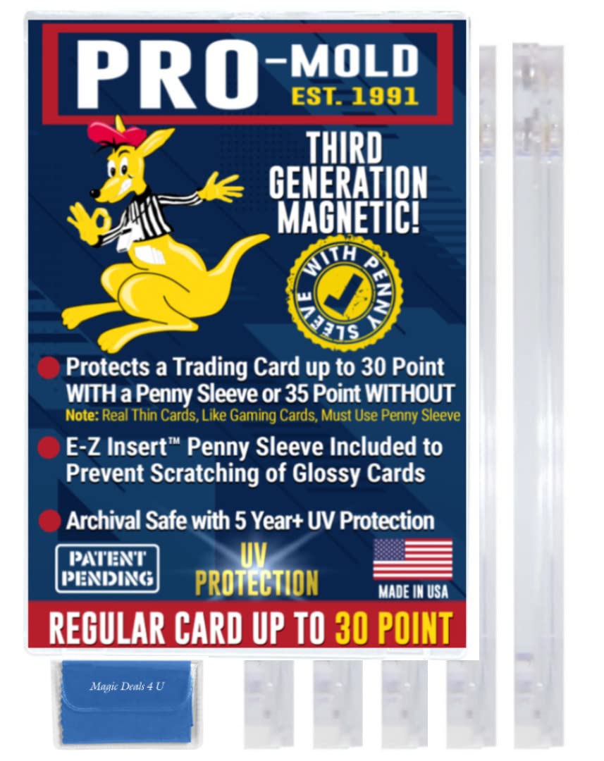 (5 Count) Pro-Mold USA Made 3rd Gen 30/35 Point Magnetic ONE-Touch Card Holder with Included EZ Insert Penny Sleeve (Microfiber Cloth Included)