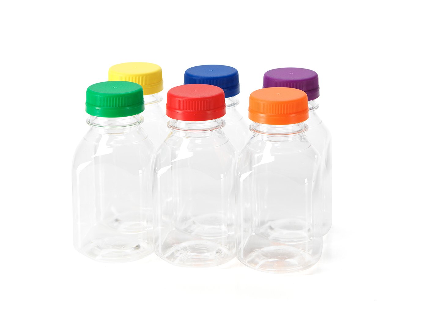 (6) 8 oz. Clear Food Grade Square Plastic Juice Bottles with 6 Different Colored Tamper Evident Caps 6/pack