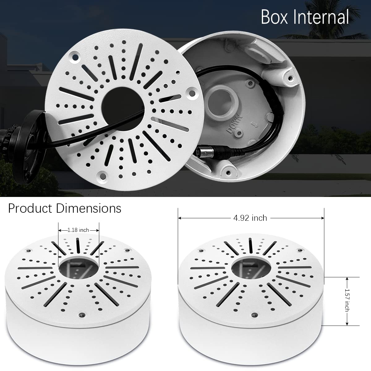 (Outdoor Security Cameras Junction Box) Universal Junction Box for Bullet Dome Turret Cameras & Solar Panel, CCTV Base Box Hide Cable, Wall Ceiling Mount Bracket, Metal Electric Enclosure (4 Pack)