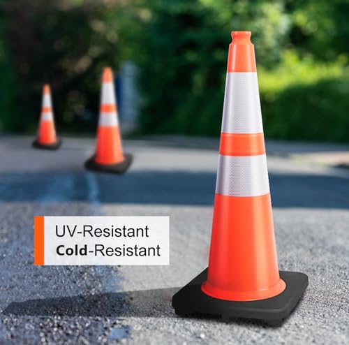 (8 Cones) BESEA 28” inch Orange PVC Traffic Cones, Black Base Construction Safety Cones Road Parking Cone Structurally Stable Wearproof (28" Height)