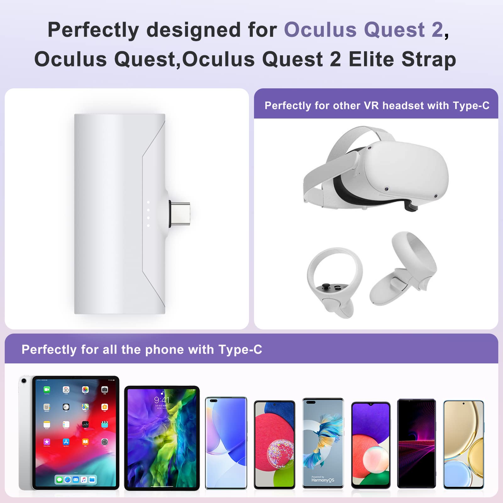 (4800mAh) Extended 2 Hours Playtime for Oculus Quest 2, Zanpolin 4800mAh Pocket Power Bank for Oculus/Meta Quest 2 and Quest, Elite Strap, Type-C Phone, Oculus 2 Battery Pack (White)