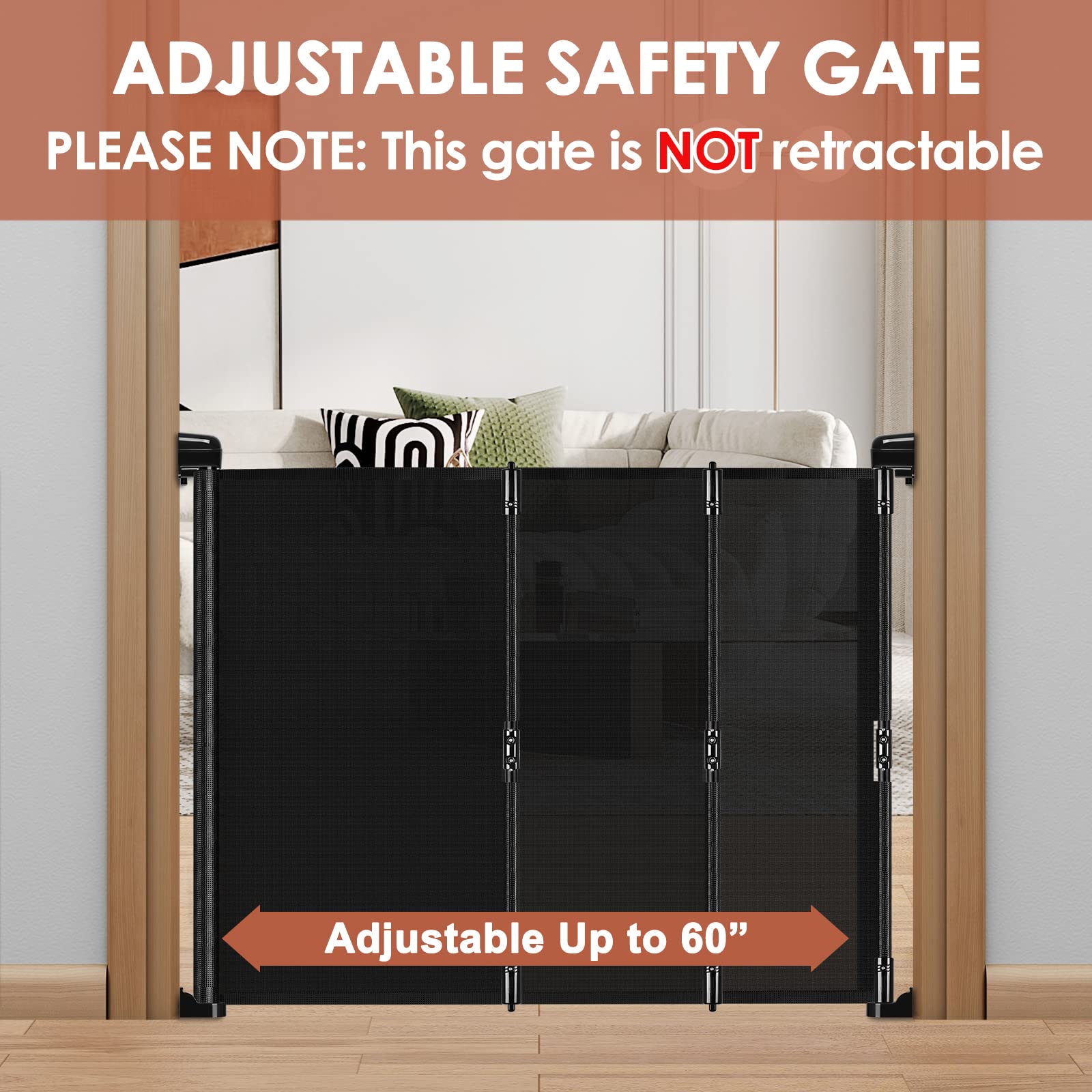 (Non-Retractable) Adjustable Baby gate 0-60 Inches Wide, Mesh Baby Gate with Safety Lock, Roll Up to Saving Space, Portable Folding Mesh Dog Gate Child gate for for Stairs Indoor Outdoor Gate (Black)
